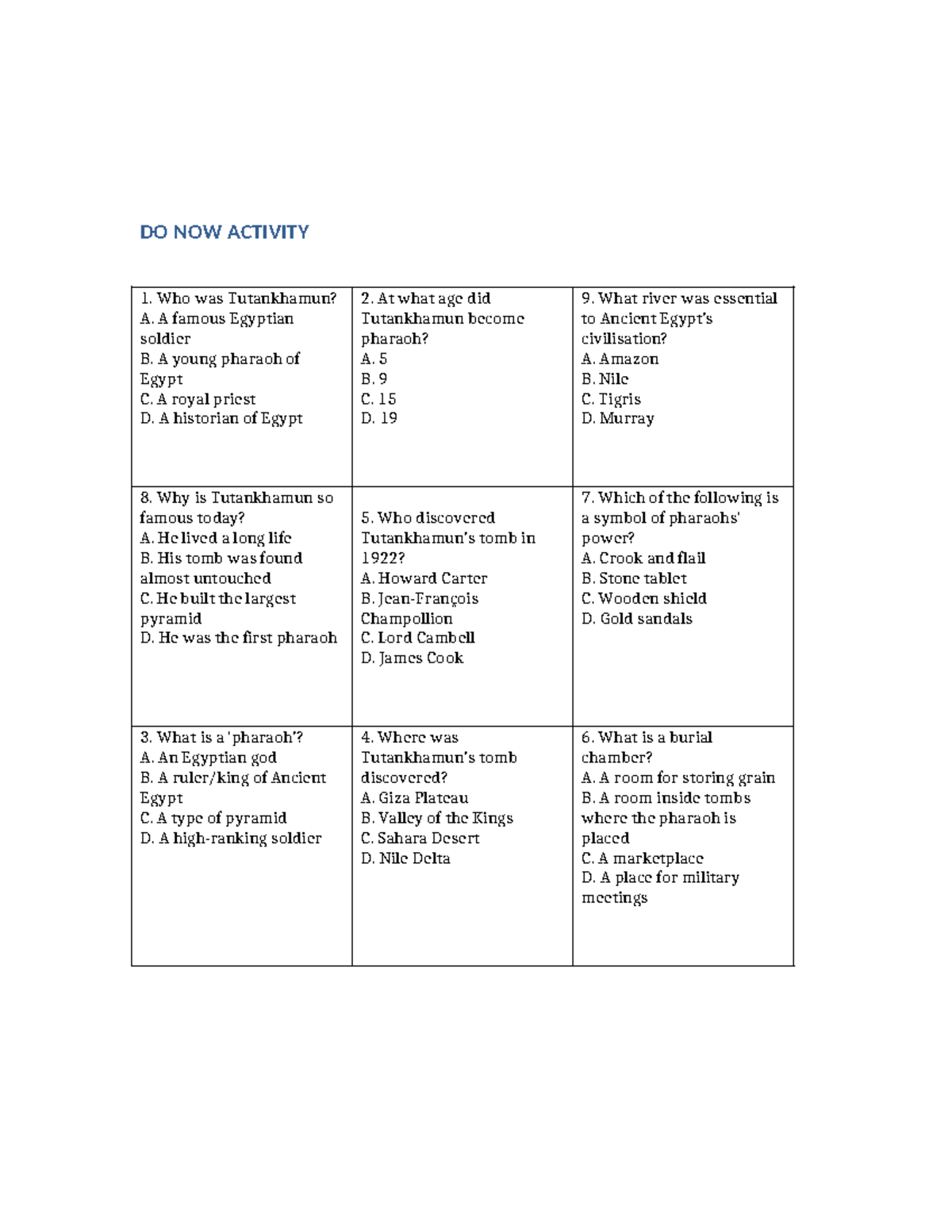 Do Now Activity: Ancient Egypt & Tutankhamun Quiz - Studocu