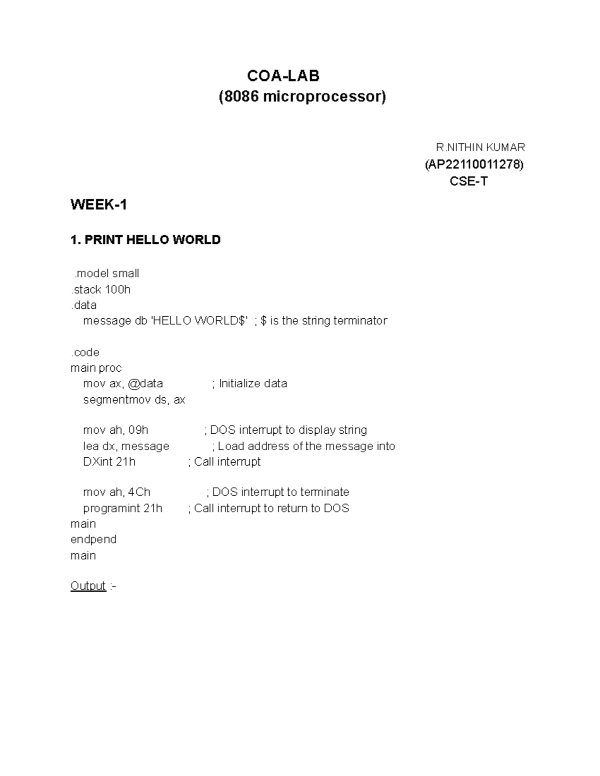 COA Labtask(AP22110011278) - COA-LAB (8086 microprocessor) WEEK- 1 ...