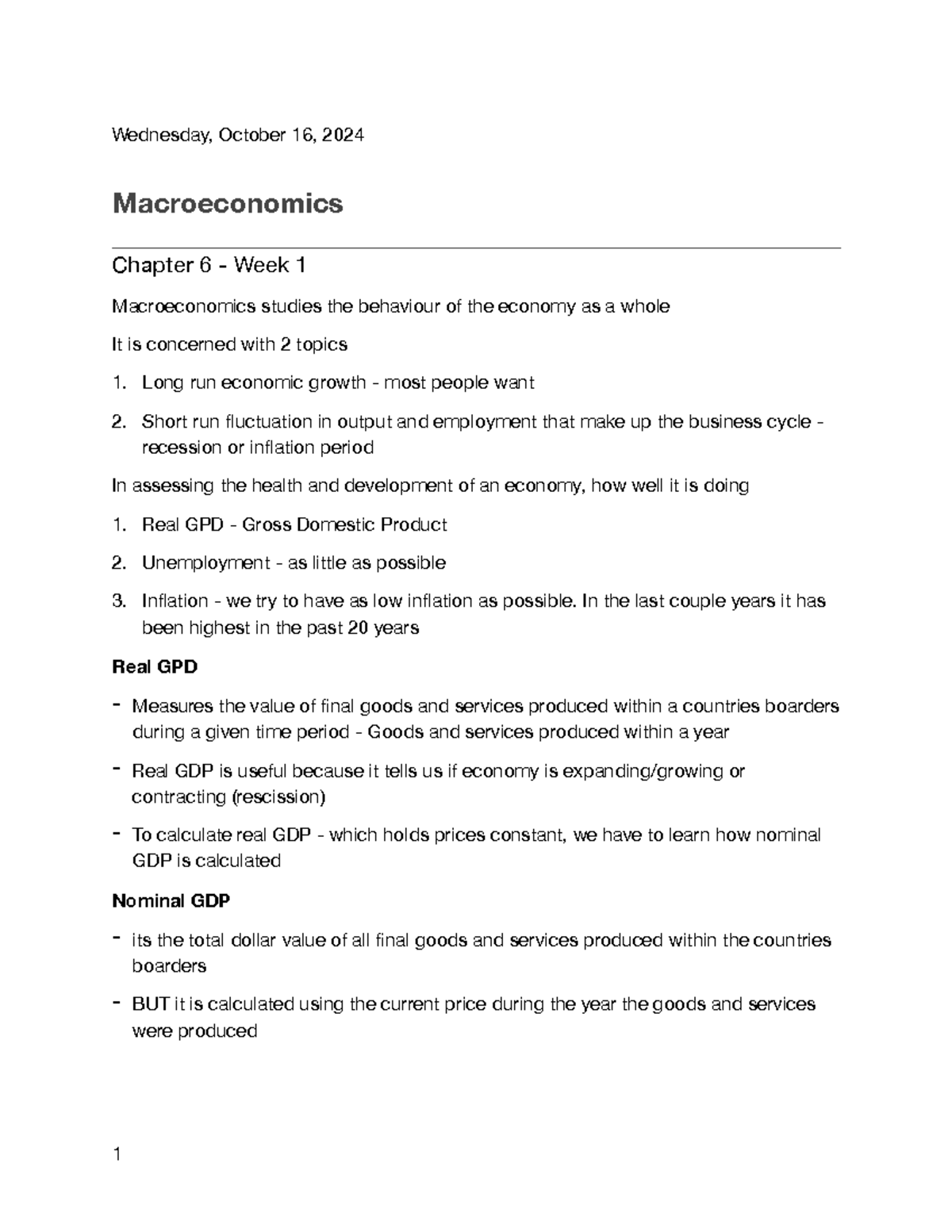 Midterm Notes - Wednesday, October 16, 2024 Macroeconomics Chapter 6 ...