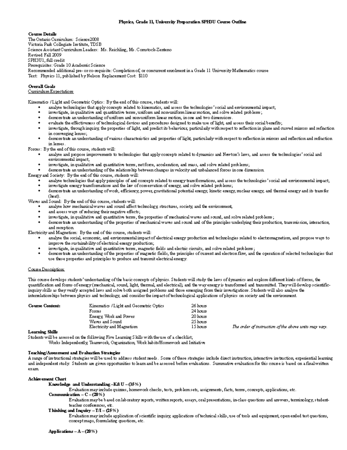 SPH3U1 Grade 11 Physics Course Outline (2009-2010) - Studocu