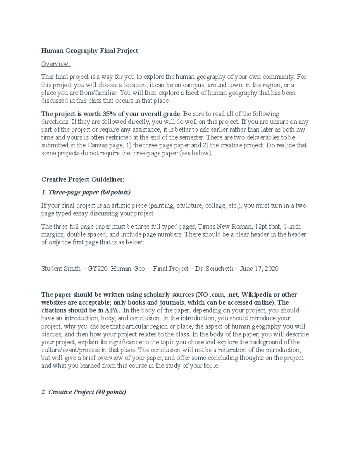 GY220: Human Geography Final Project Guidelines and Overview - Studocu