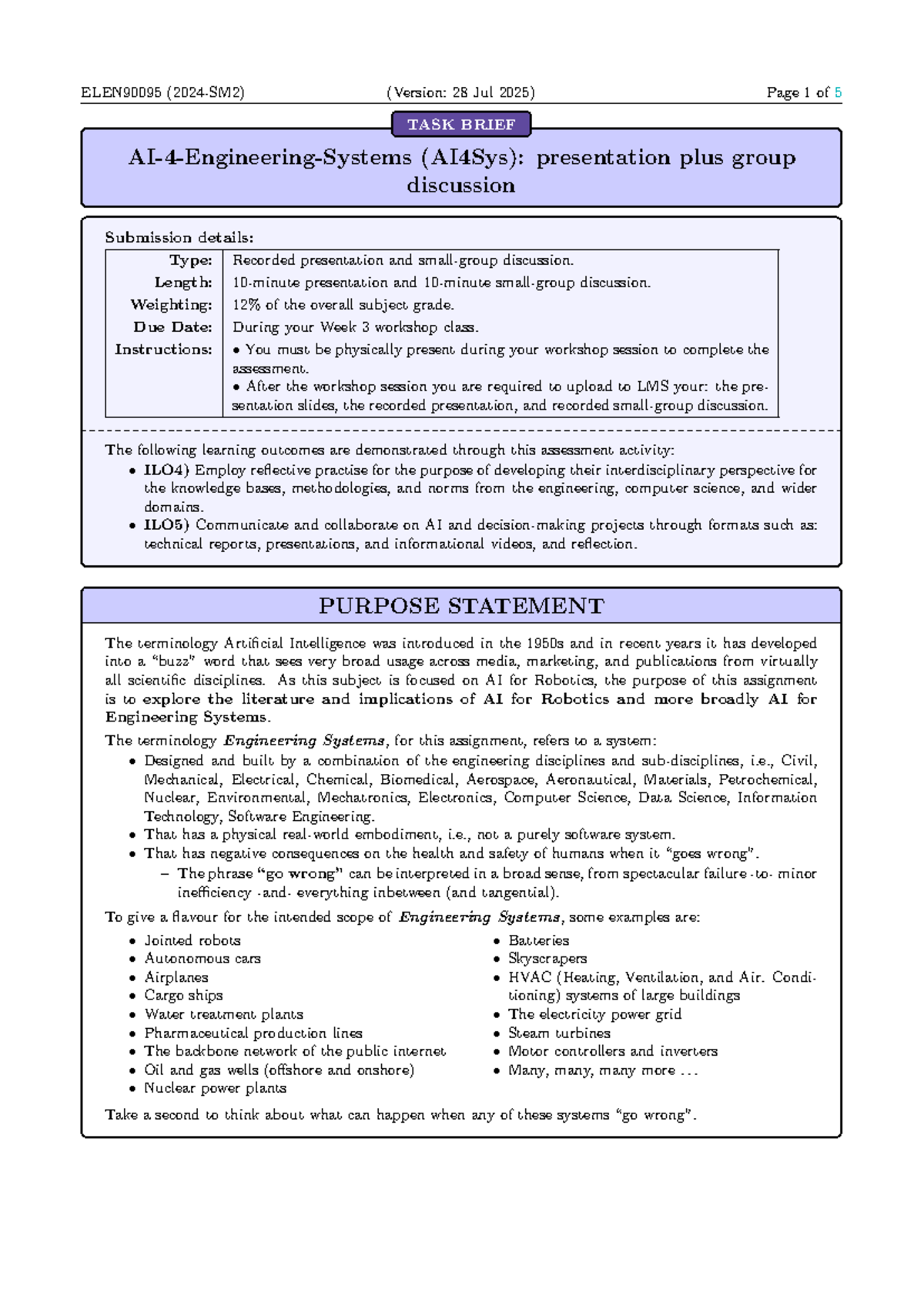 ELEN90095 Task Brief: AI for Engineering Systems Presentation - Studocu