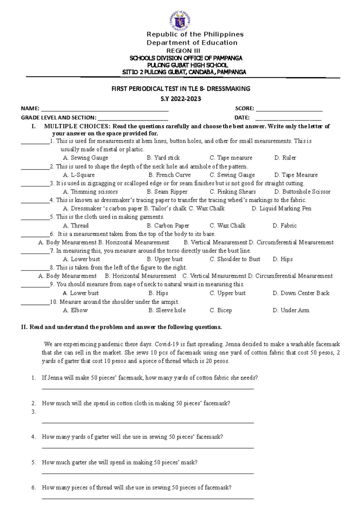Grade 8 TLE 1st Periodical Test: Dressmaking Exam Questions - Studocu