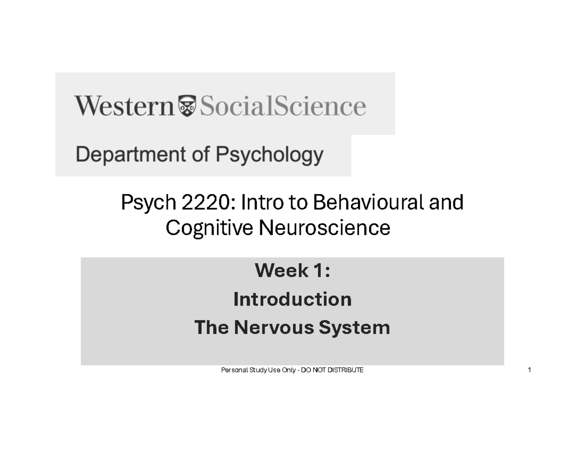 2220A 2024 Week01 handout - Psych 2220: Intro to Behavioural and Cognitive Neuroscience Week 1 ...