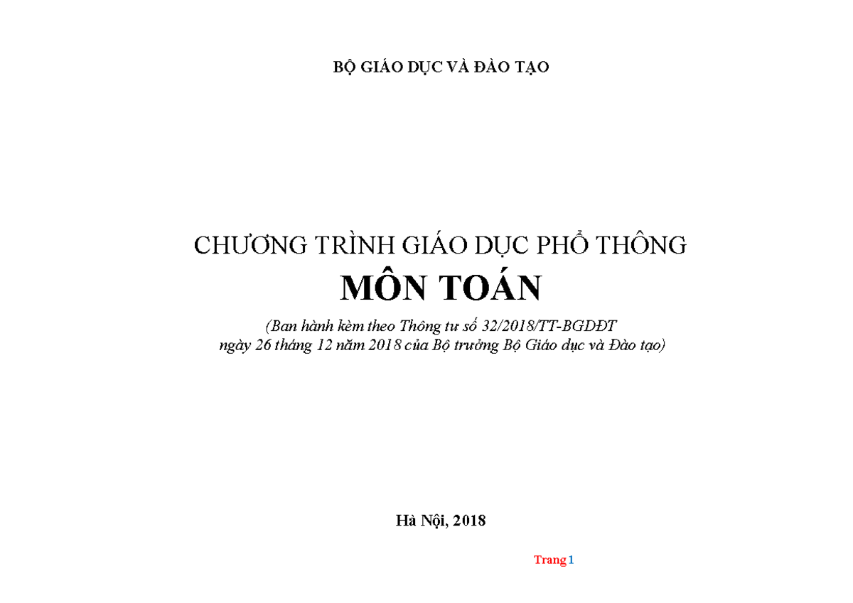 YÊU CẦU CẦN ĐẠT MÔN TOÁN CT GDPT 2018 - BỘ GIÁO DỤC VÀ ĐÀO TẠO - Studocu