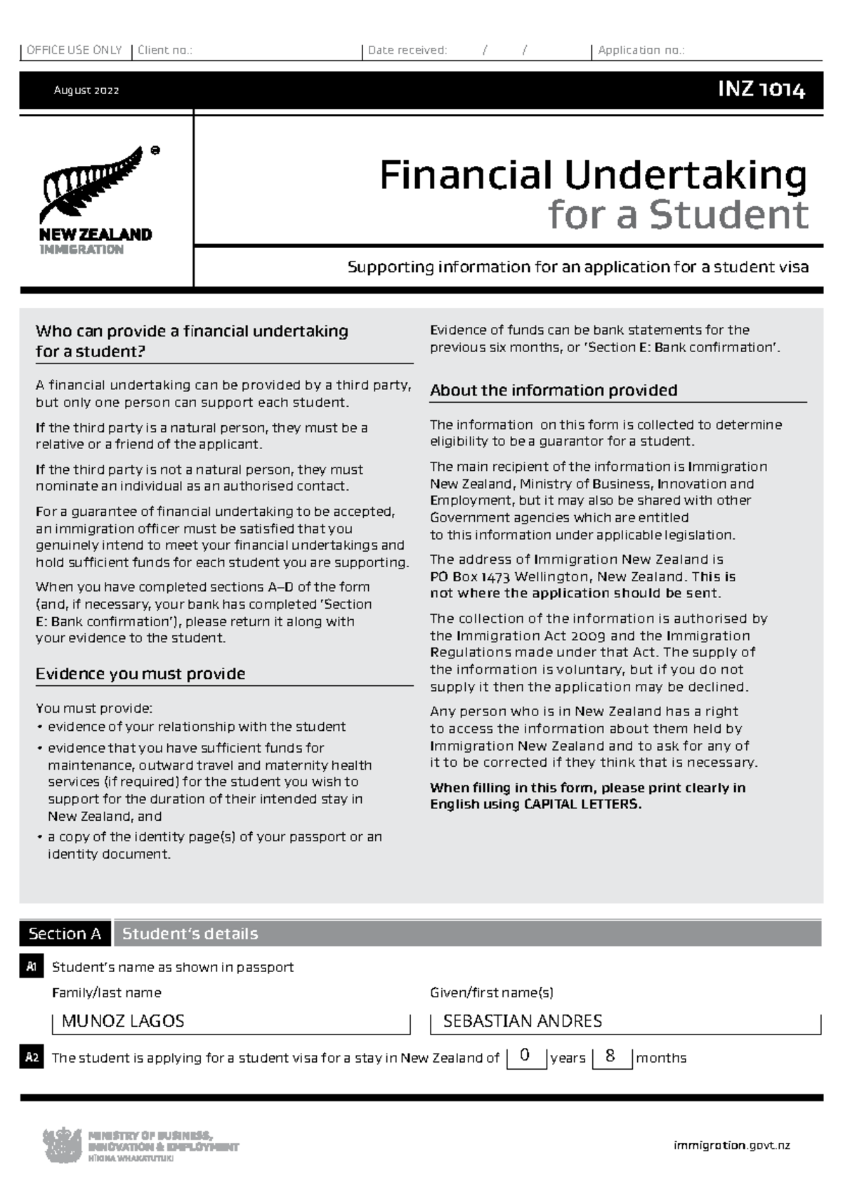 INZ 1014 - Financial Undertaking for Student Visa Application Guide ...