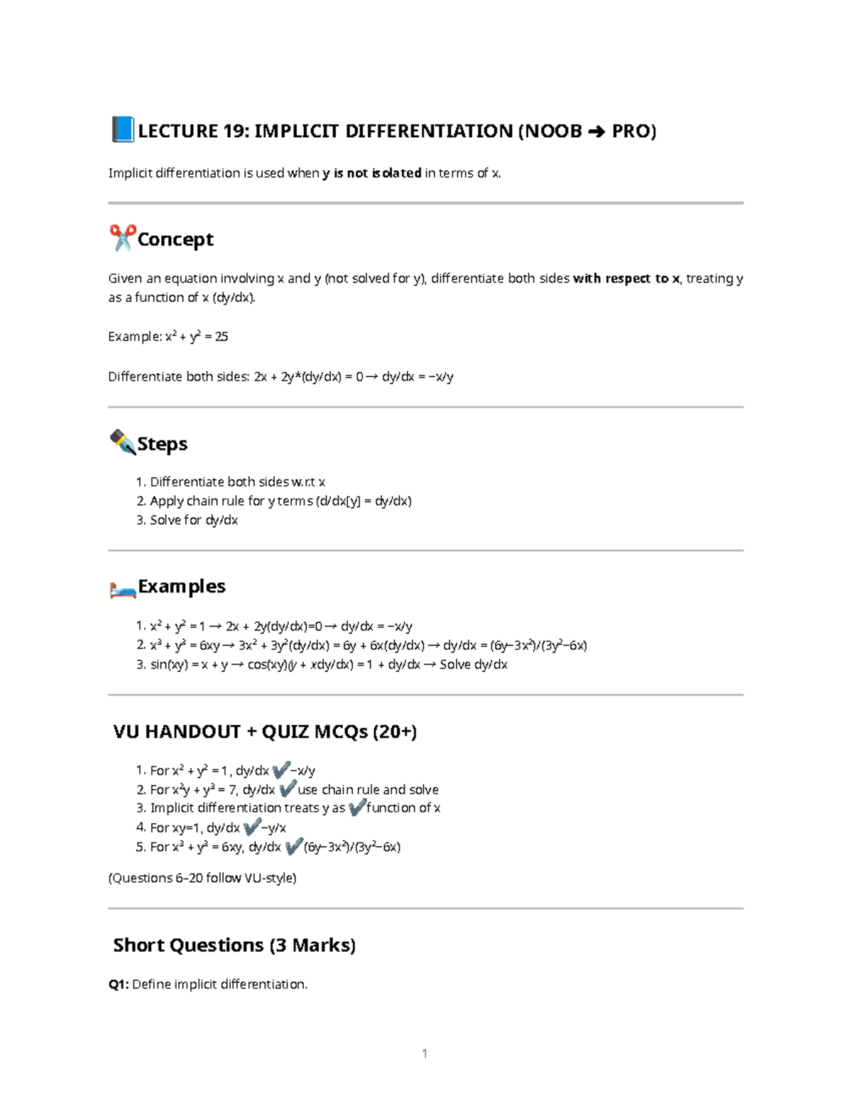 Math101 Lecture 19 Implicit Differentiation Notes Studocu