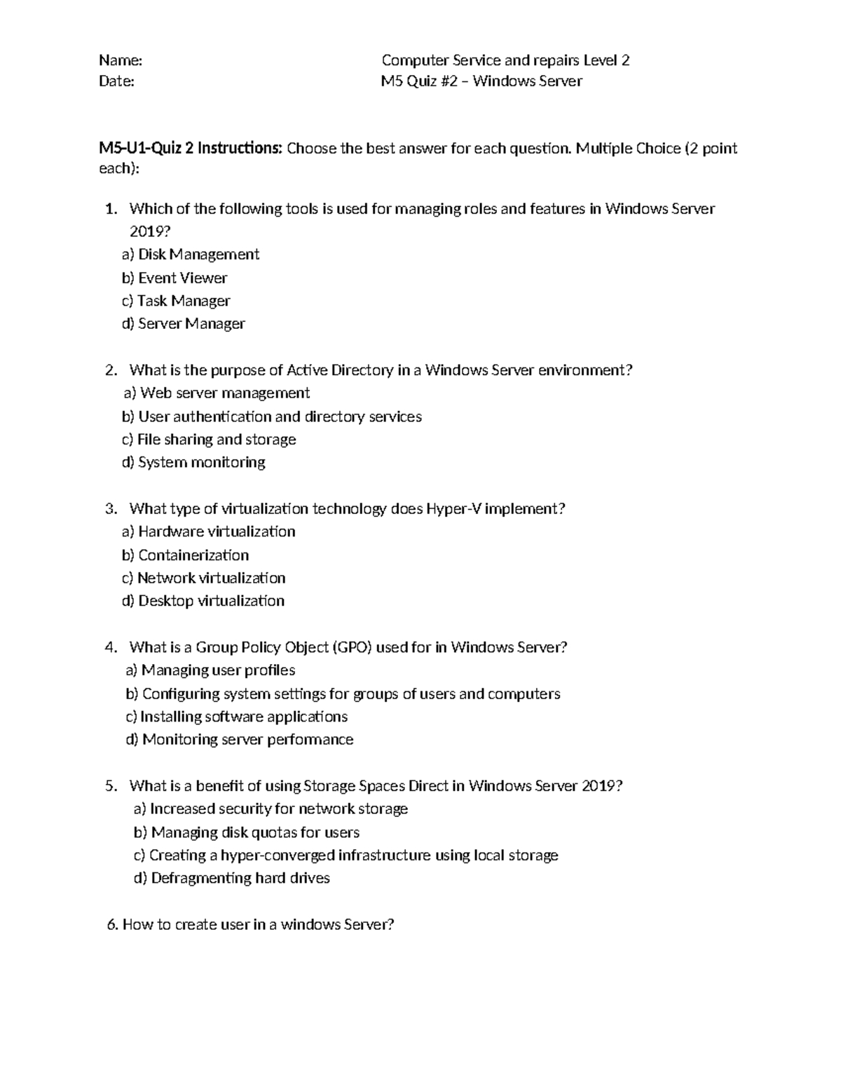 M5 Level 2 Quiz: Windows Server Management & Features - Studocu