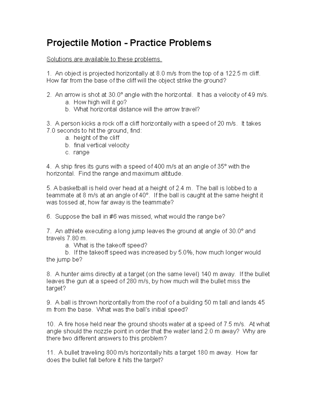 Projectile Motion Practice Problems and Solutions for Physics 101 - Studocu