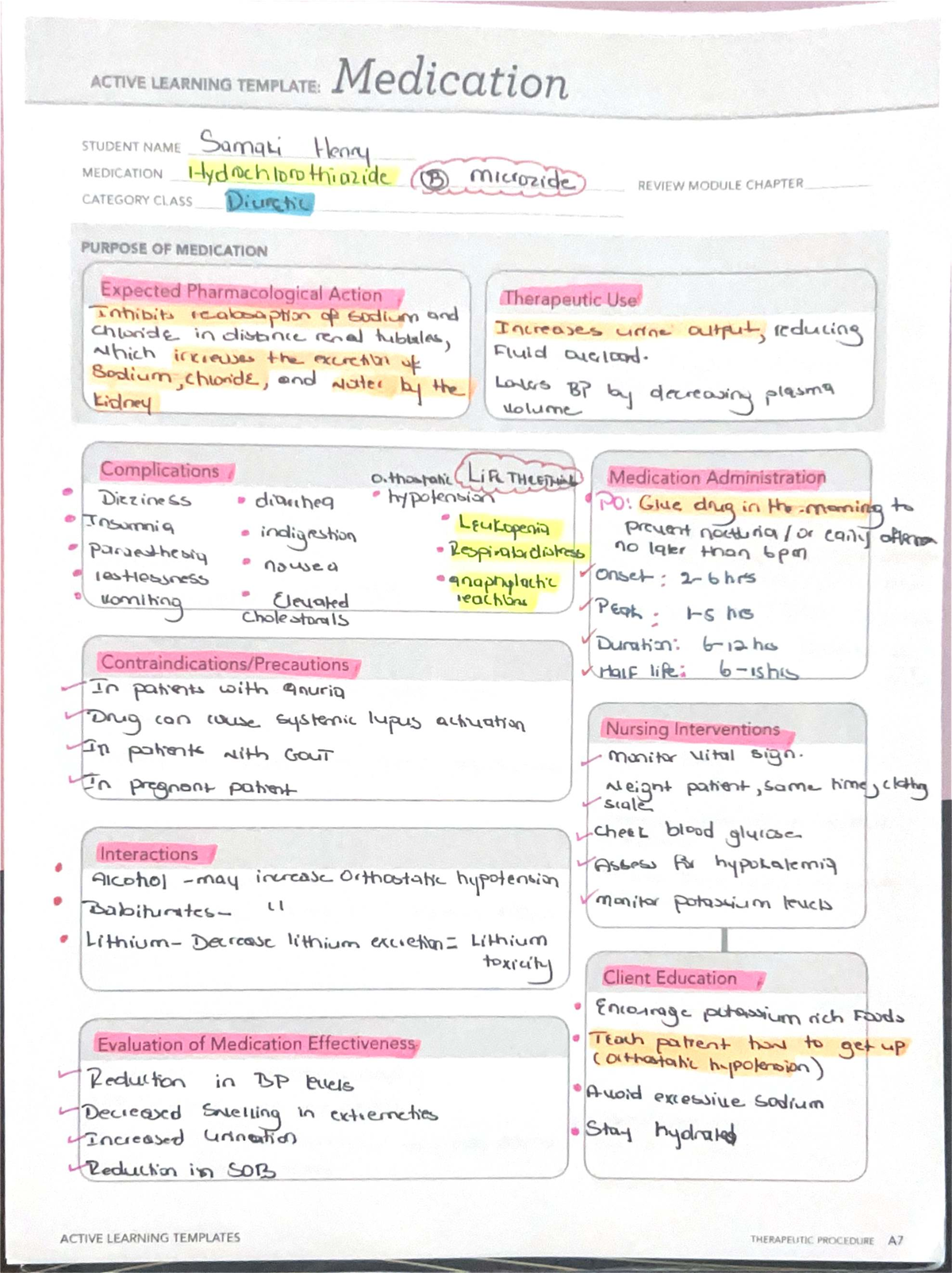 ACTIVE LEARNING TEMPLATE: Drug Card for HCTZ (Medication 34) - Studocu
