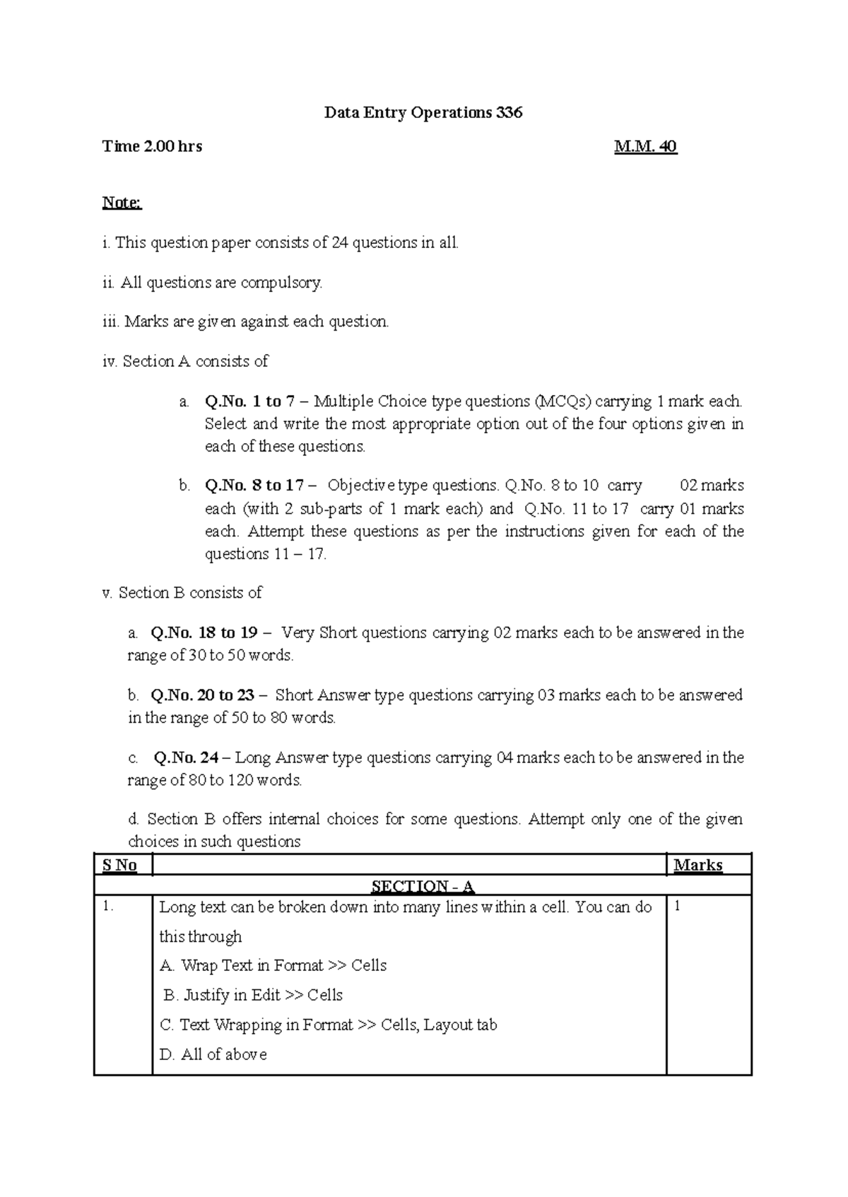 Data Entry Operations 336 - Final Exam Guide (2 hrs, M.M. 40) - Studocu