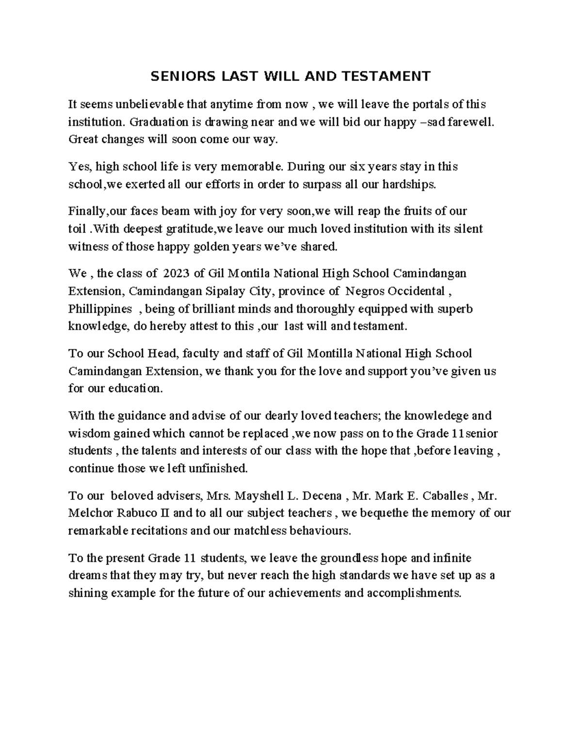 Class of 2023 Seniors' Last Will and Testament - Studocu