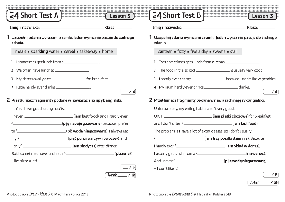 Brainy kl5 Short Tests Unit 4 Lesson 3 - Revised Edition - Studocu