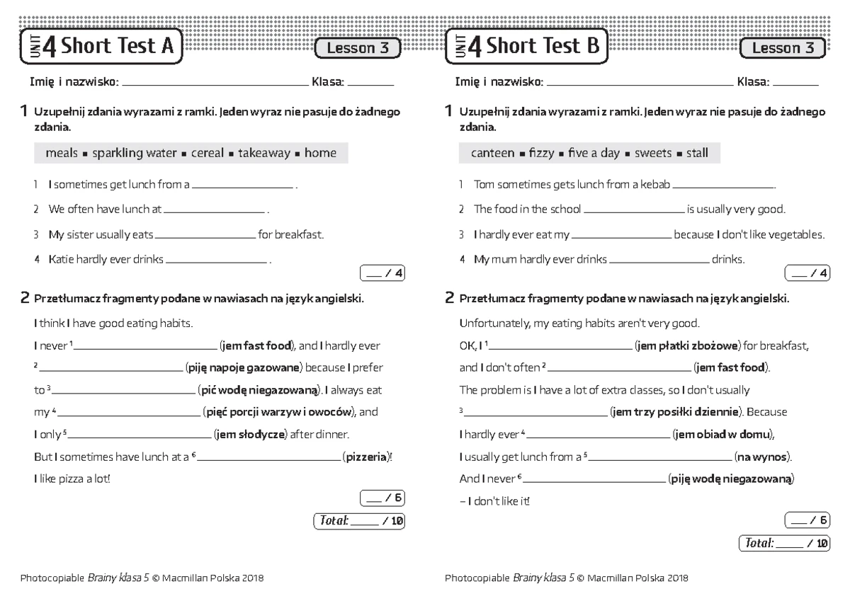 Brainy kl5 Unit 4 Lesson 4 Short Tests A & B - Studocu