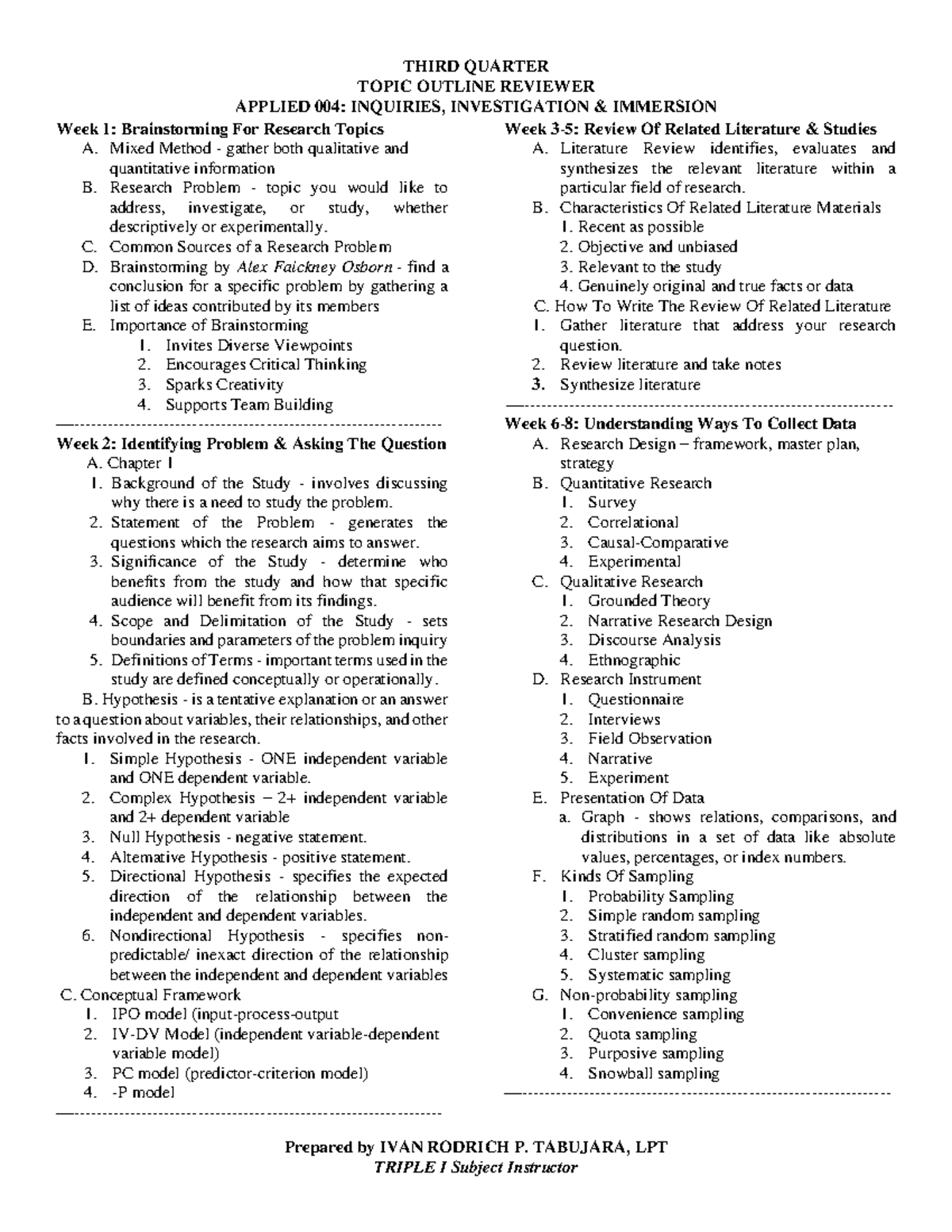 APPLIED 004: 3rd Q Triple I Topic Outline Reviewer Notes - Studocu