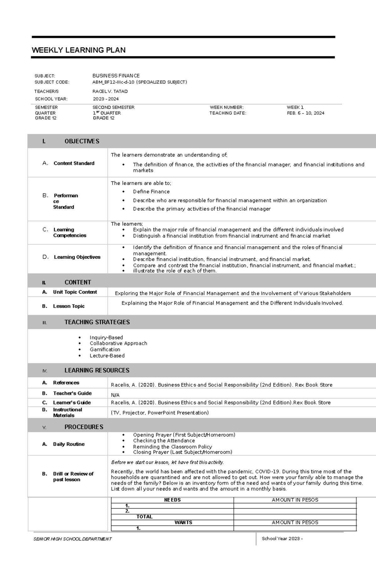 BUS. FINANCE G12 WEEK 1 LEARNING PLAN: ROLES & OBJECTIVES - Studocu