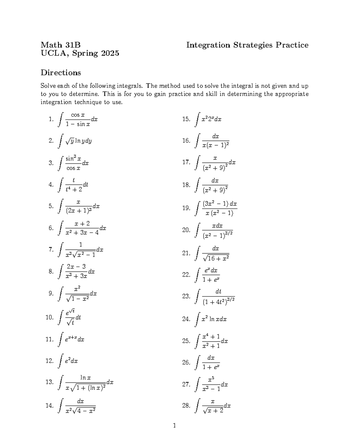 Math 31B UCLA Spring 2025 Integration Strategies Practice Problems ...