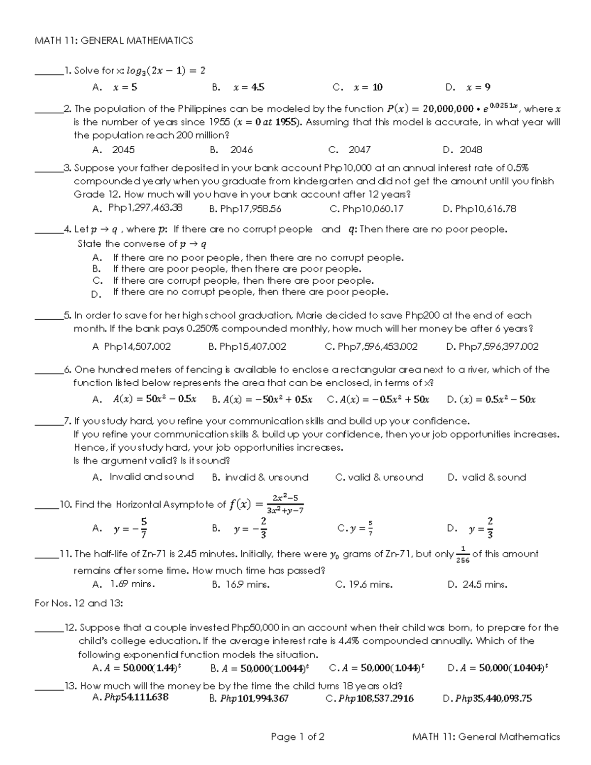 MATH 11: General Mathematics Quiz Bee Reviewer - Studocu