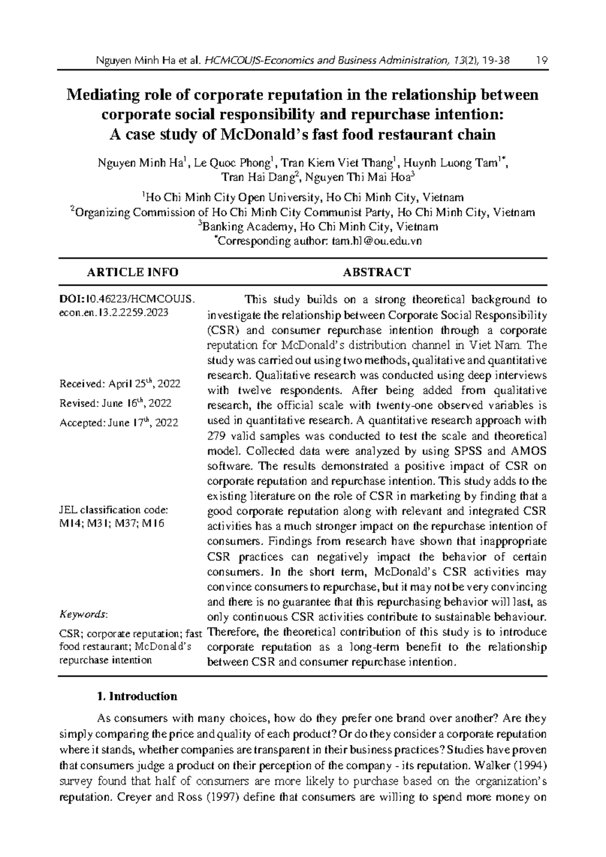 Mediating Role of Corporate Reputation in CSR and Repurchase Intention ...
