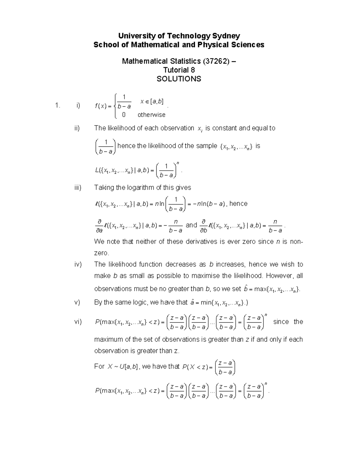 Mathematical Statistics (37262) Tutorial 8 Solutions Explained - Studocu
