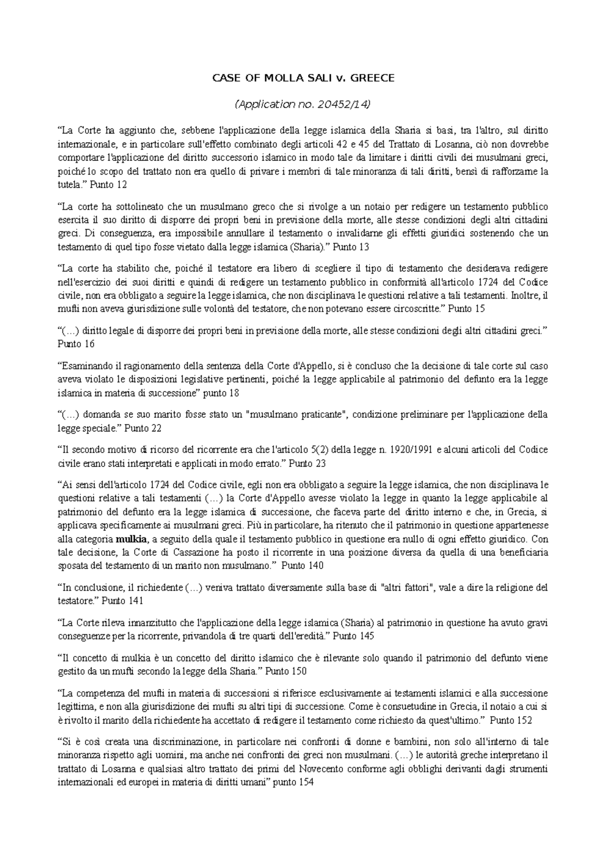 Sentenze per esame: Caso Molla Sali v. Grecia (Application no.) - Studocu