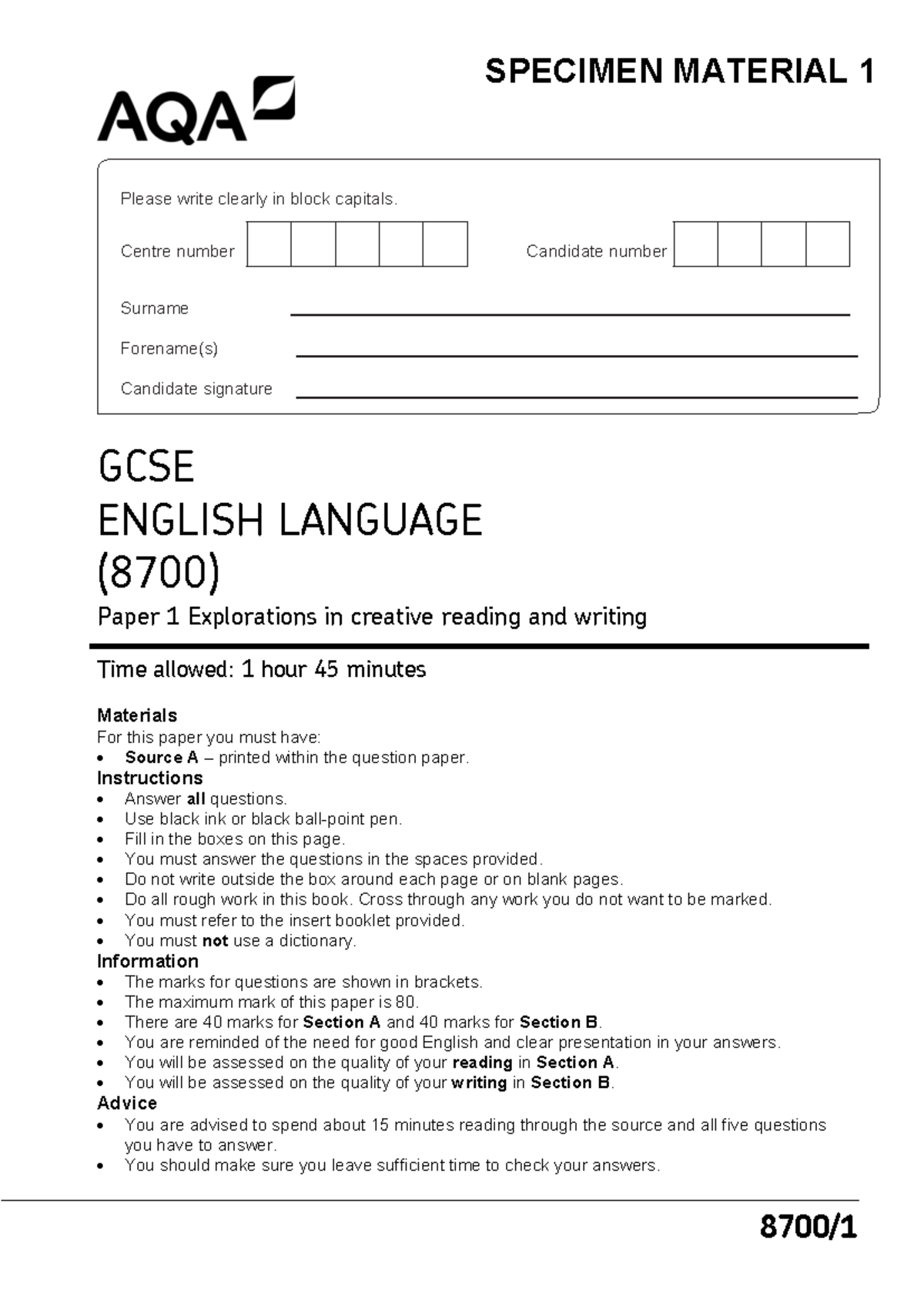 AQA GCSE English Language (8700) Paper 1 Jamaica Inn - Specimen ...