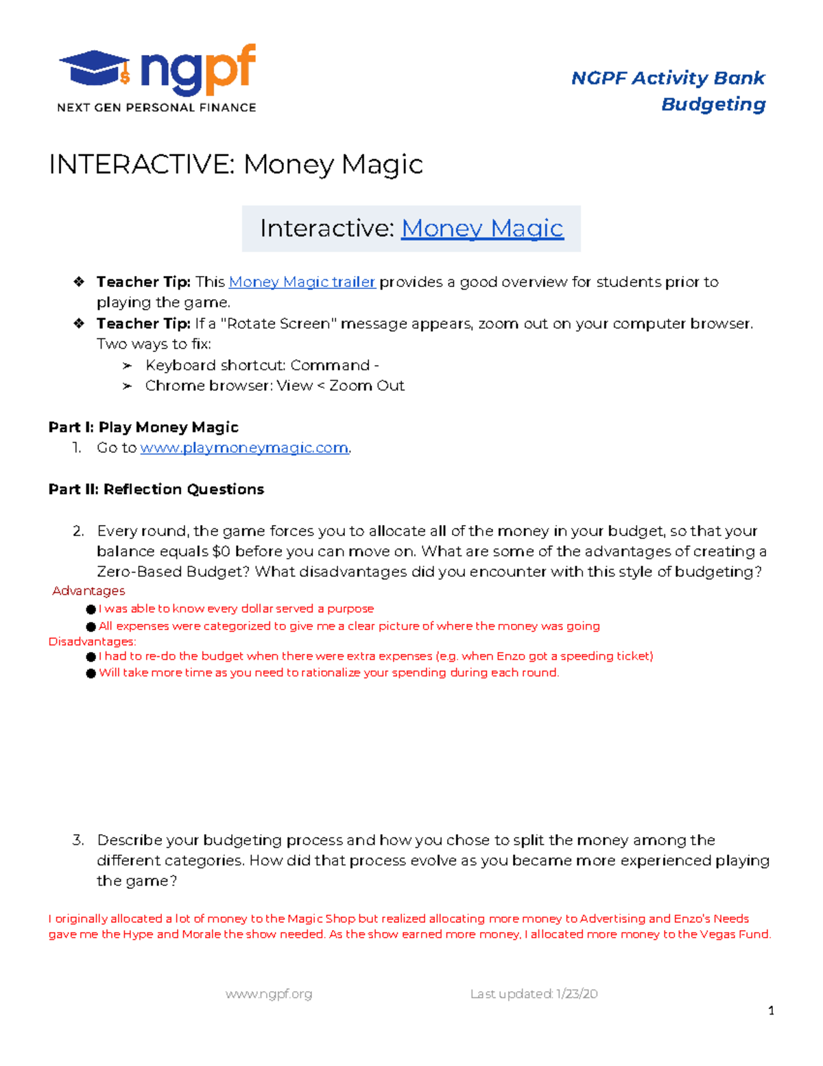 NGPF Activity: Interactive Money Magic Budgeting Game Guide - Studocu