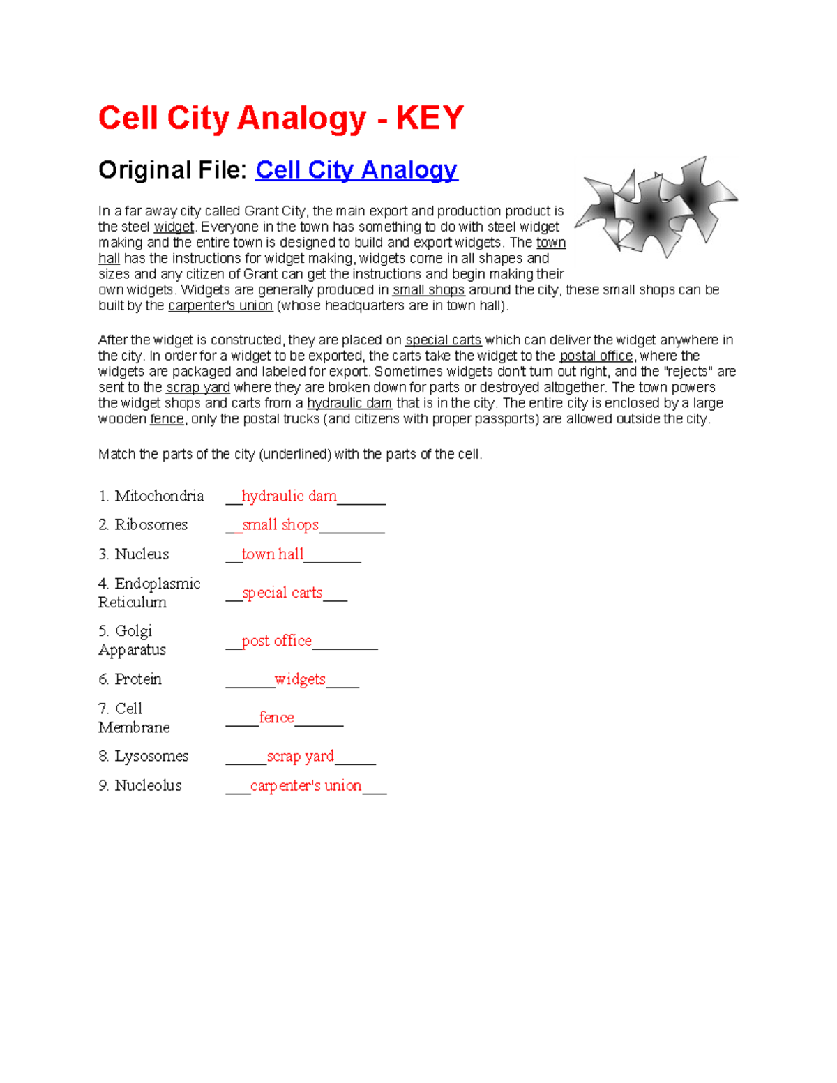Cell City Analogy - Key for Biology Concepts - Studocu