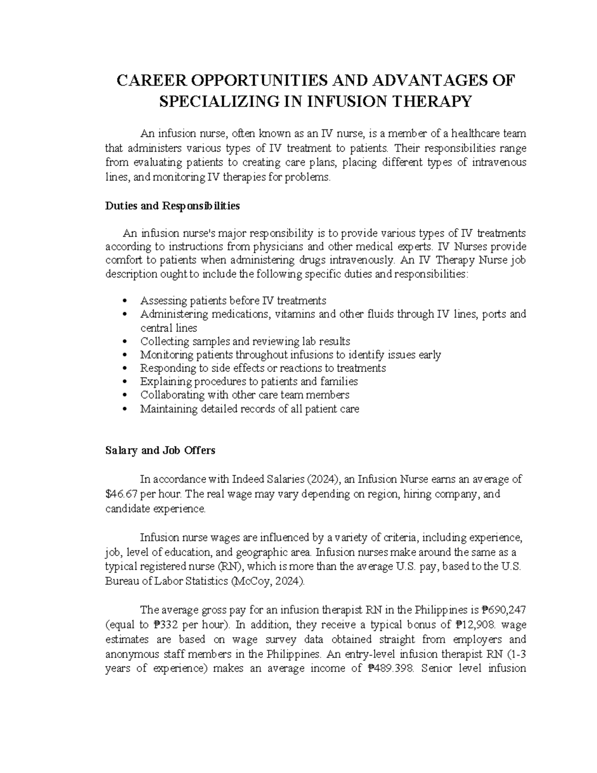 Career Opportunities in Infusion Therapy: Advantages & Insights - Studocu
