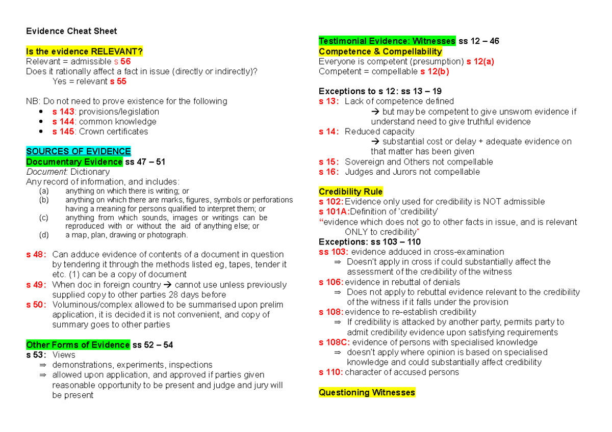 Evidence Cheat Sheet: Key Rules and Principles Explained - Studocu