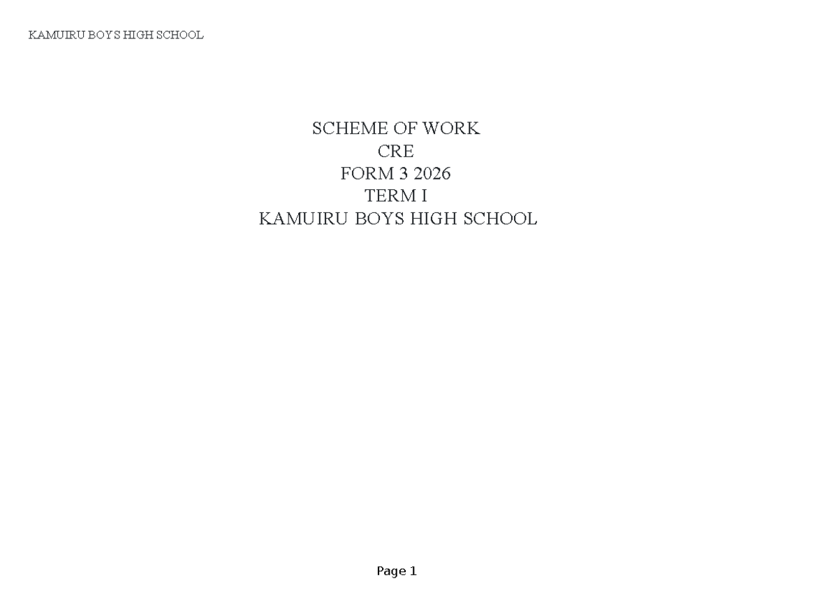 KAMUIRU BOYS HIGH SCHOOL CRE SCHEME OF WORK FORM 3 TERM I 2026 - Studocu