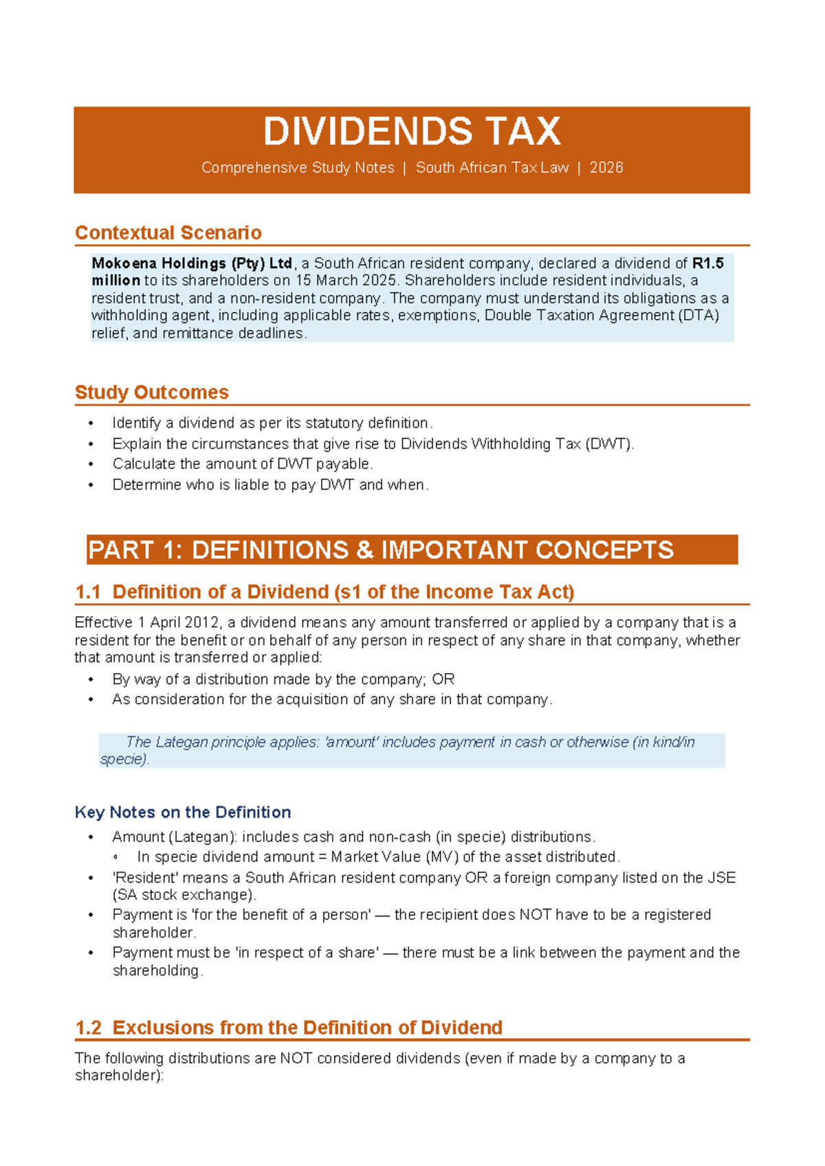 DIVIDENDS TAX Study Notes for South African Tax Law 2026 - Studocu