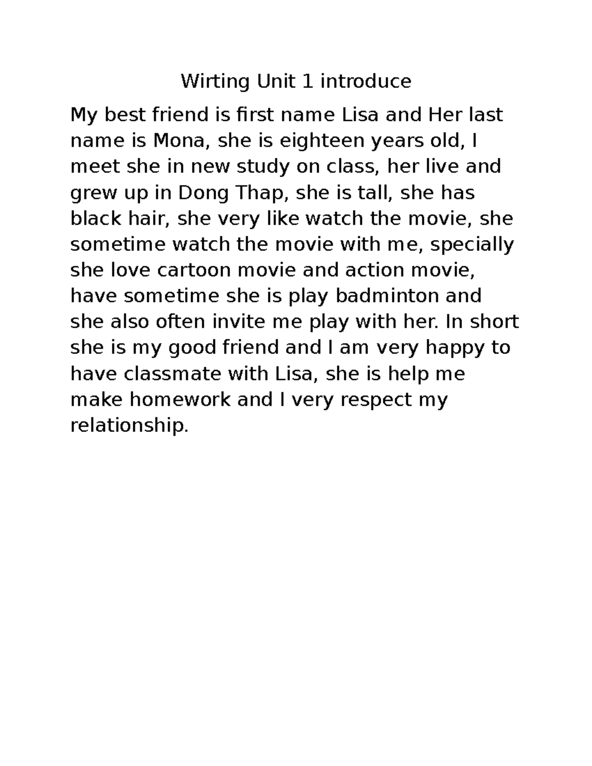 Writing Unit 1 - My Best Friend Lisa - Studocu