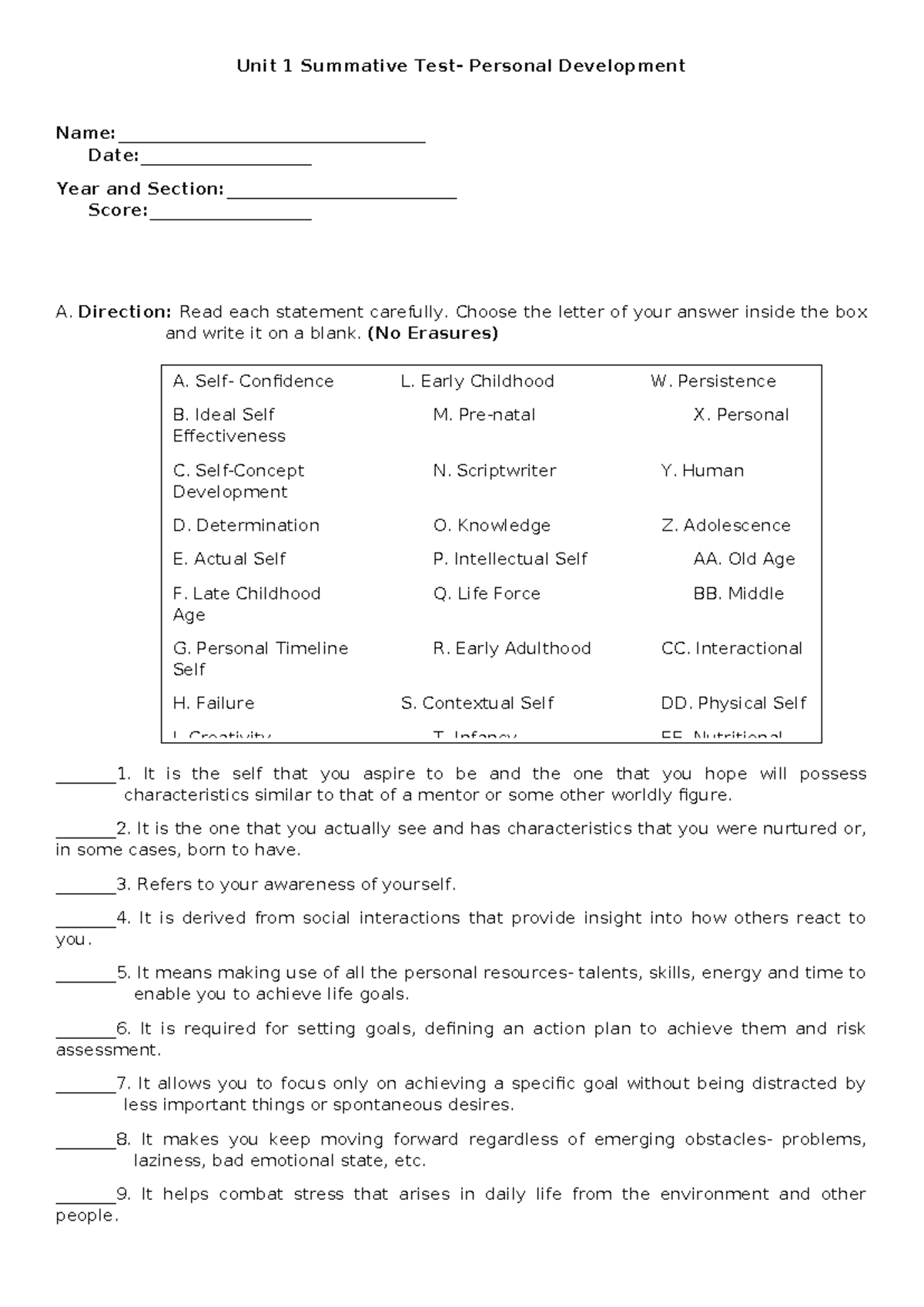 Unit 1 Summative Test: Personal Development Insights - Studocu