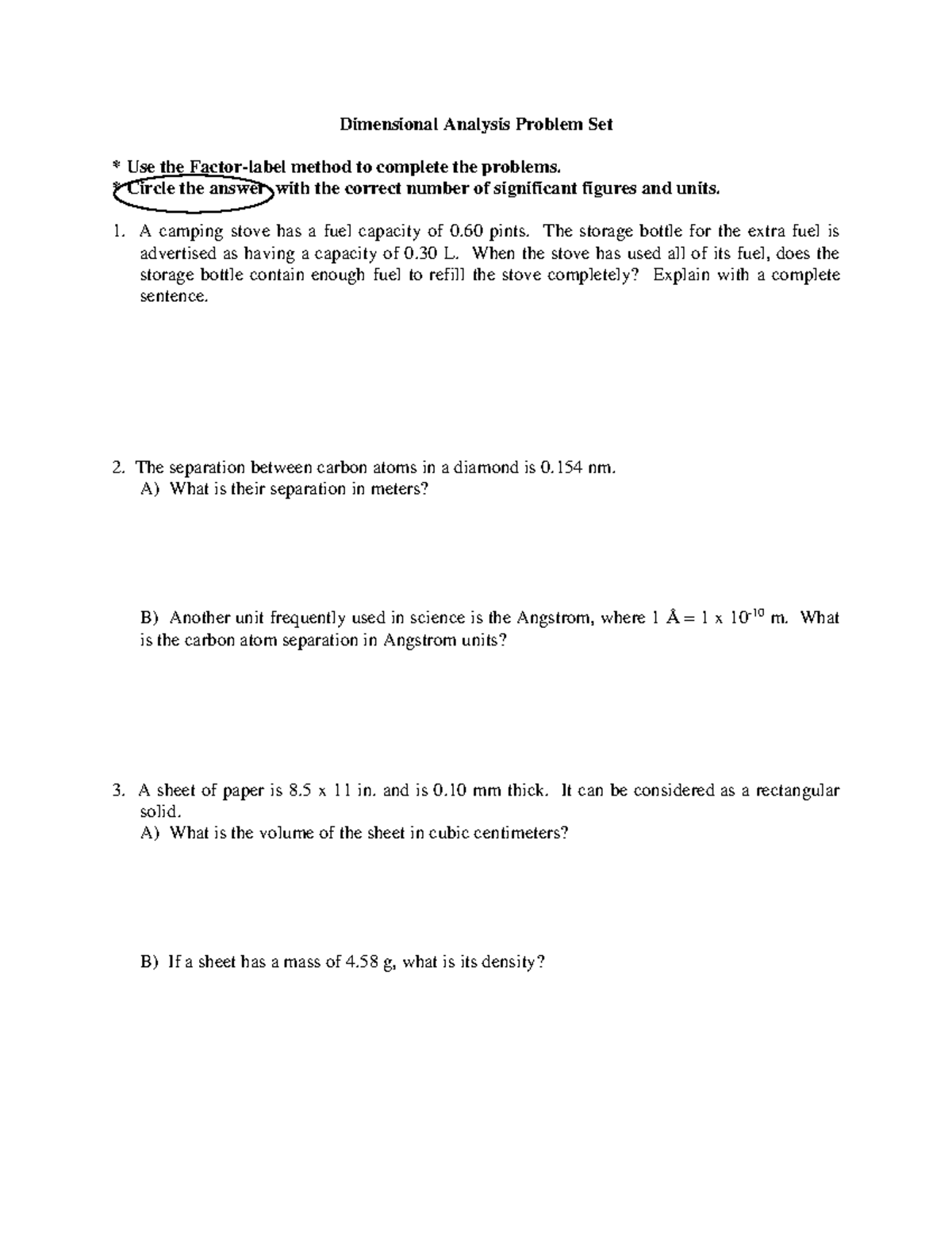 Dimensional Analysis Problem Set - Circle the answer with the correct number of significant ...