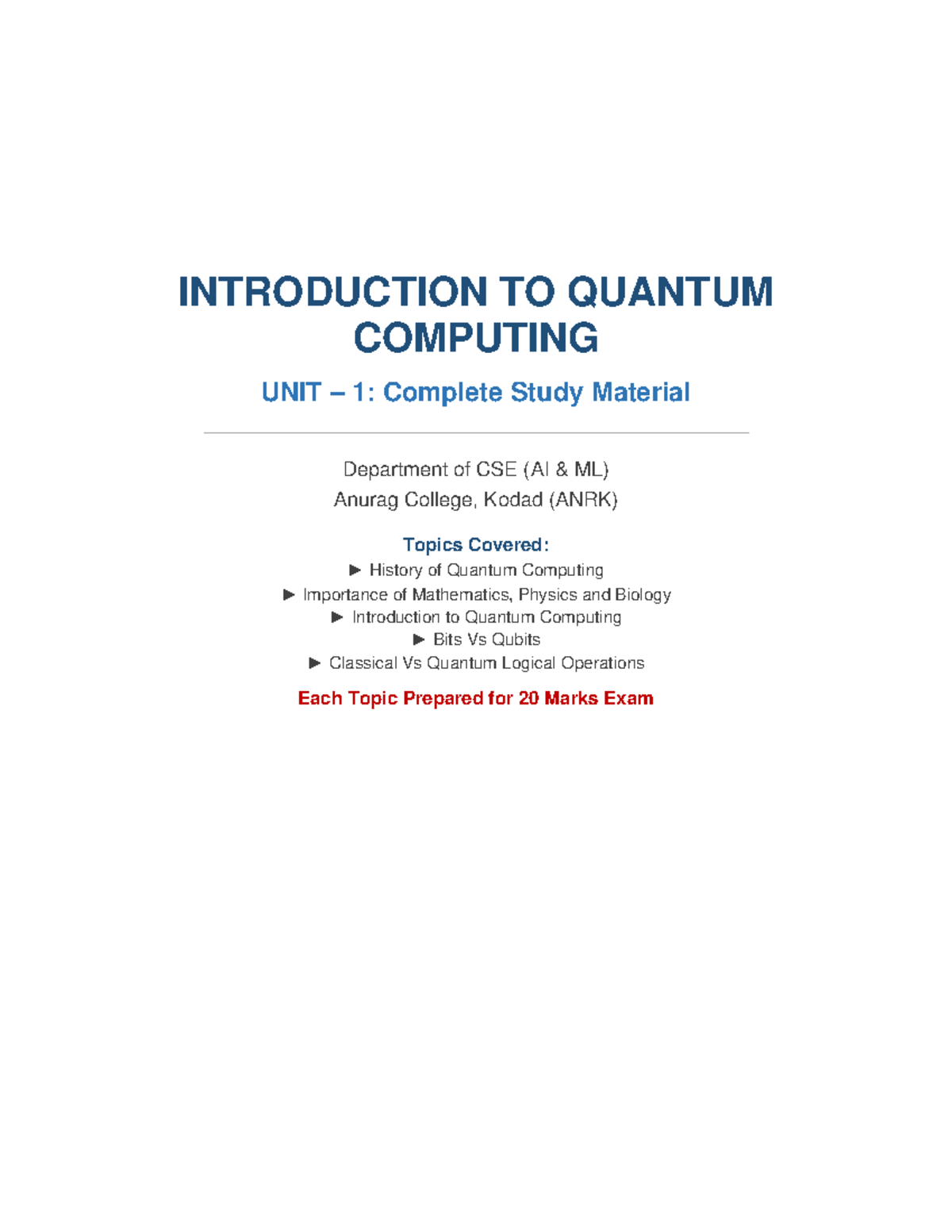 Quantum Computing Unit 1: Comprehensive Study Guide (CSE AI ML) - Studocu
