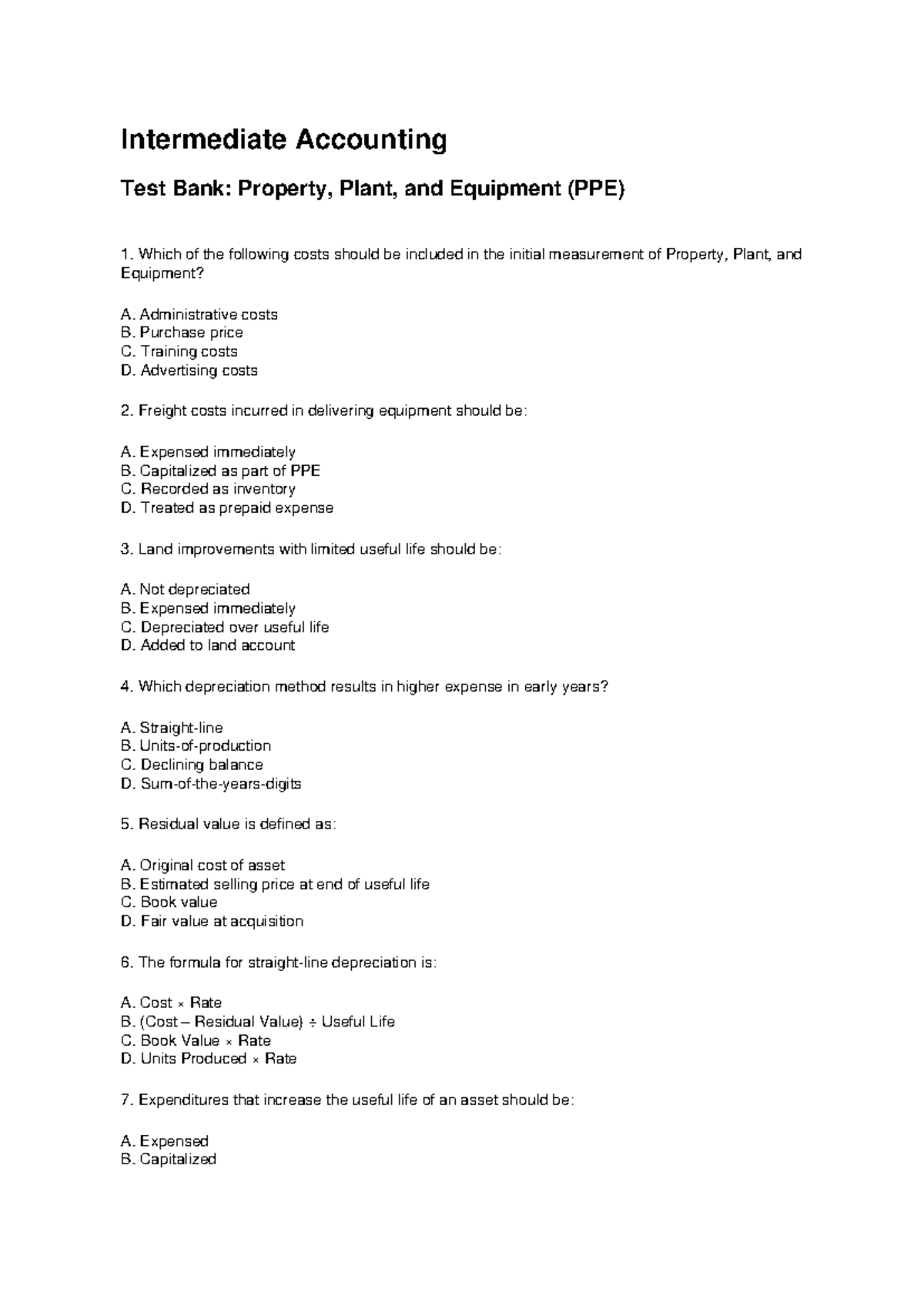Intermediate Accounting Test Bank: Property, Plant, and Equipment (PPE ...