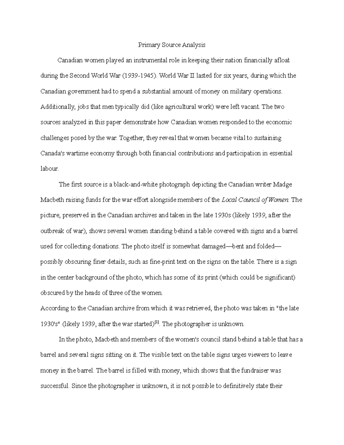 Primary Source Analysis: Canadian Women's Role in WWII Economy - Studocu