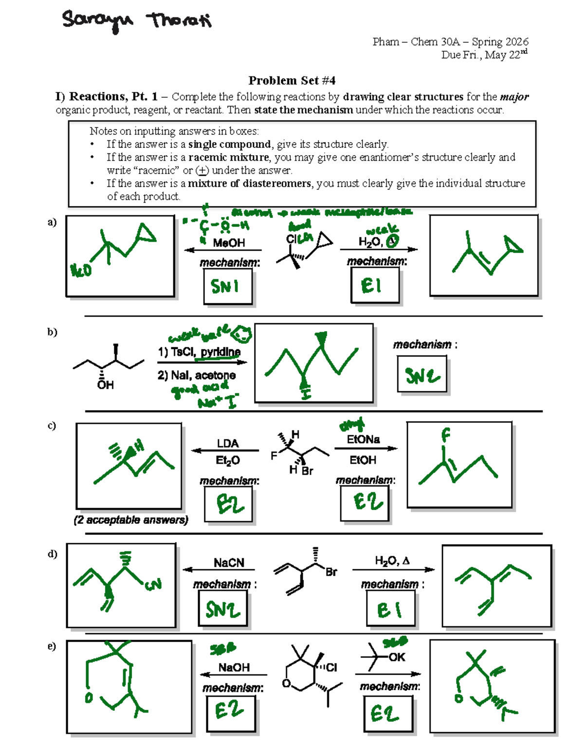 Chem 30A Spring 2026 Problem Set I-IV: Organic Reactions & Mechanisms ...