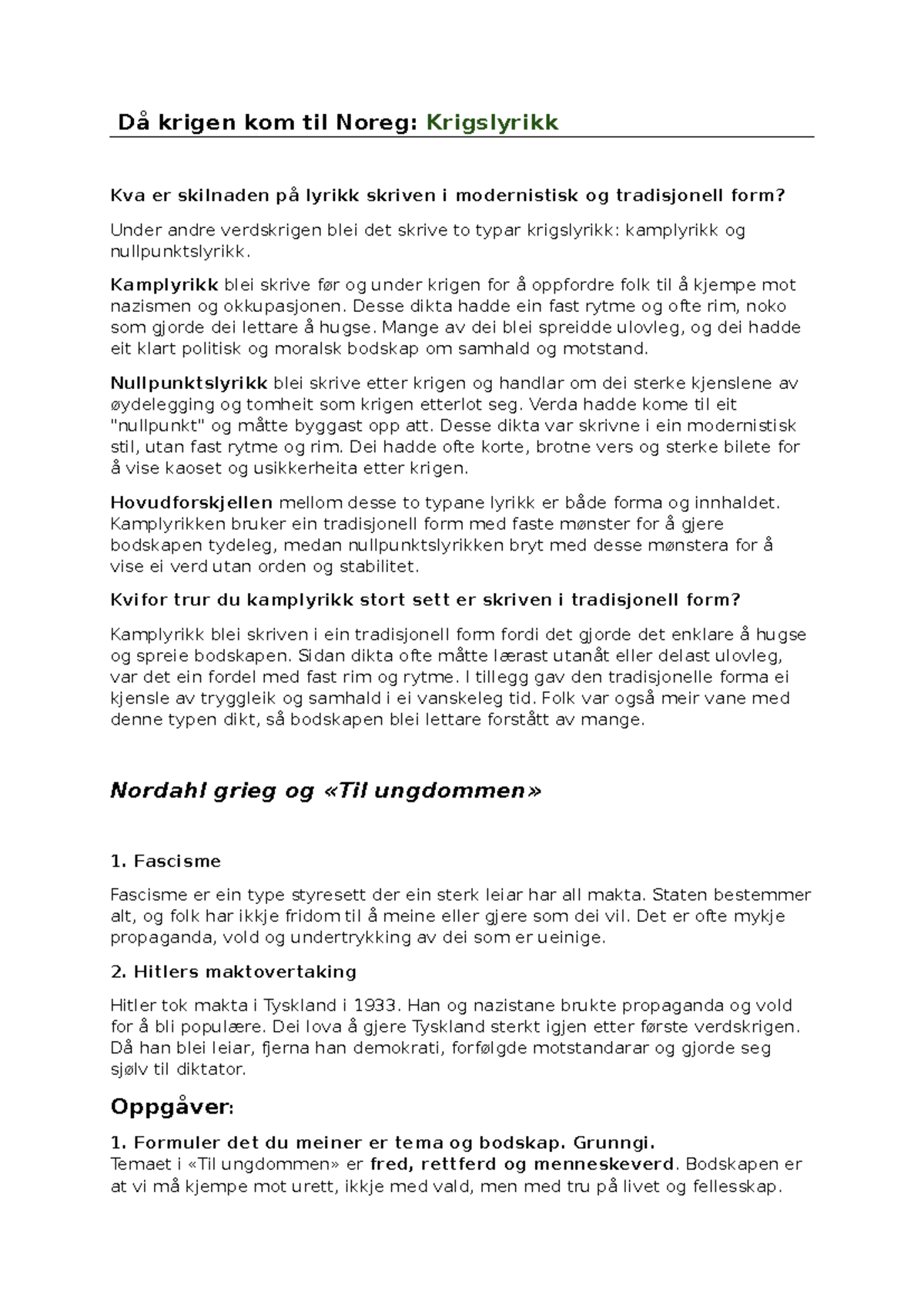 Norsk hefte Petter 3sta: Krigslyrikk - Analyser og temaer - Studocu