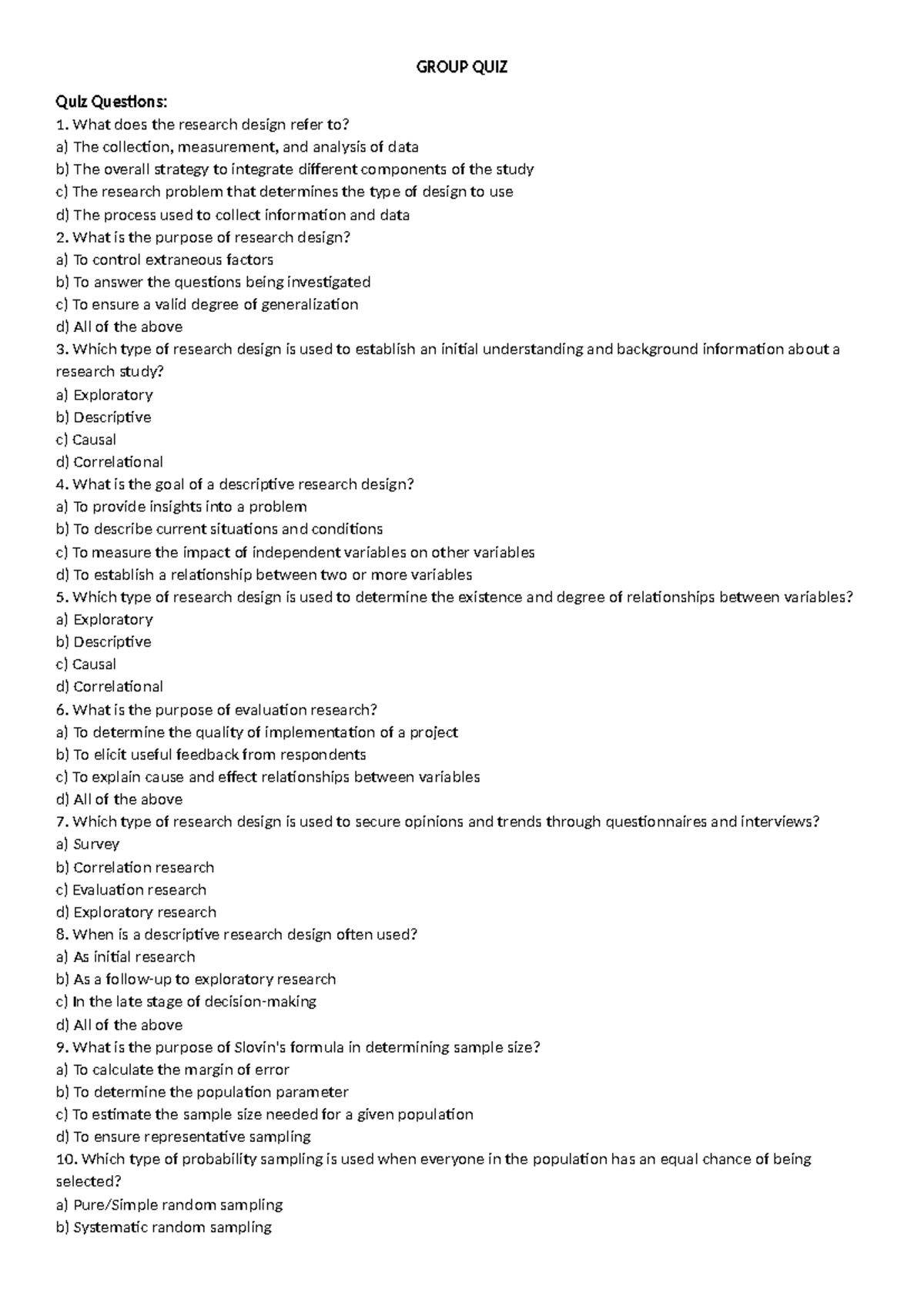 PR 2 Group Quiz: Research Design Questions and Answers - Studocu