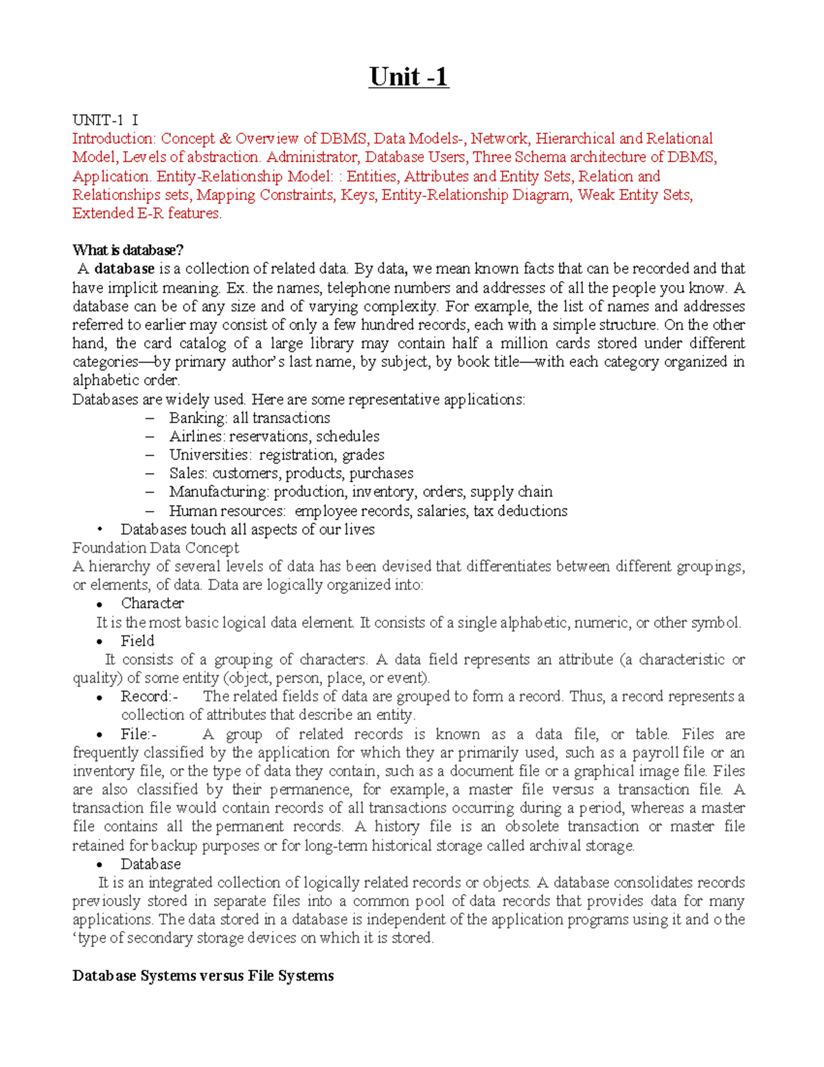 Dbms - Unit 1,2 - Unit - UNIT-1 I Introduction: Concept & Overview of DBMS, Data Models-, - Studocu
