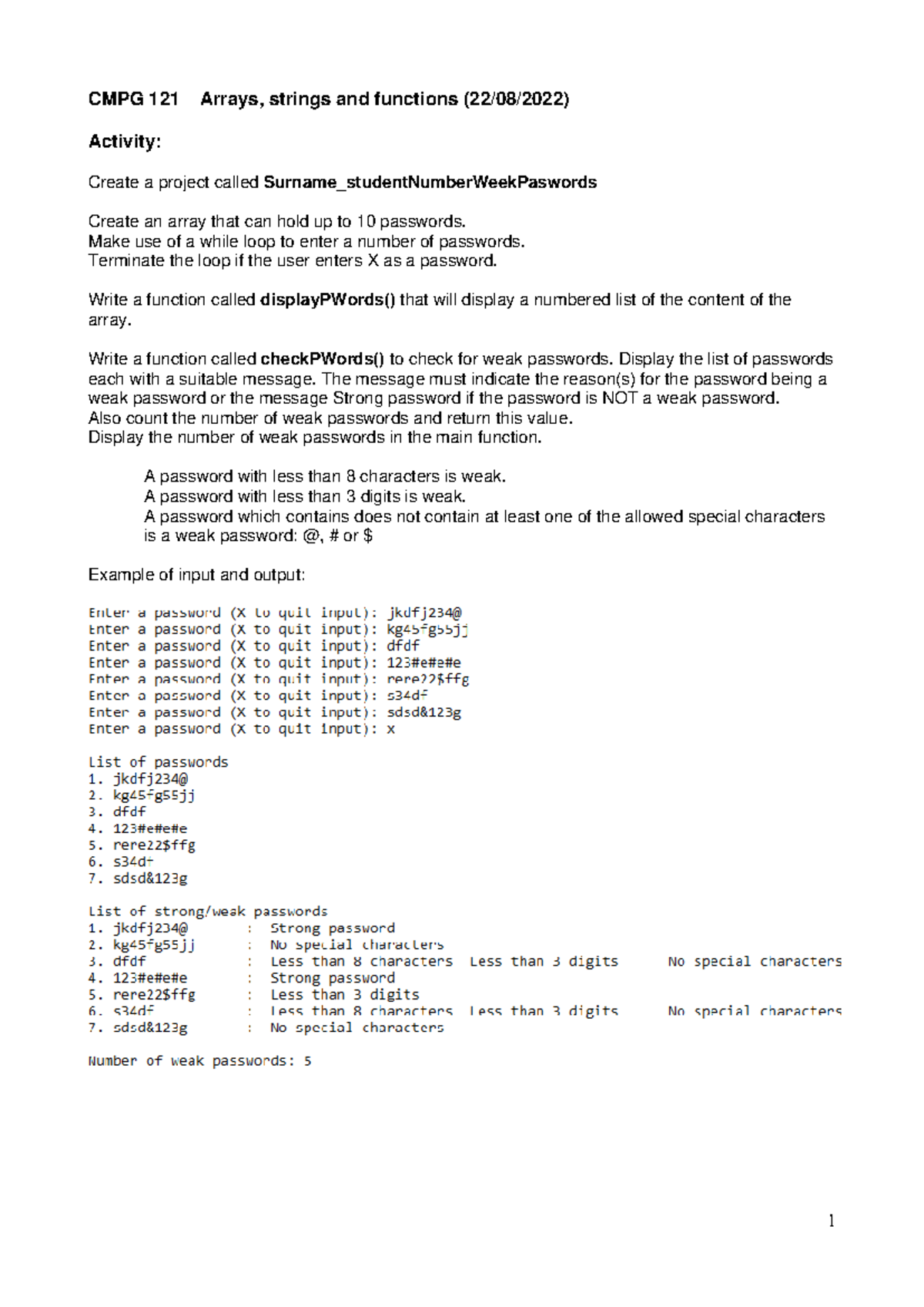CMPG 121 Activity: Password Strength Checker with Arrays and Functions - Studocu