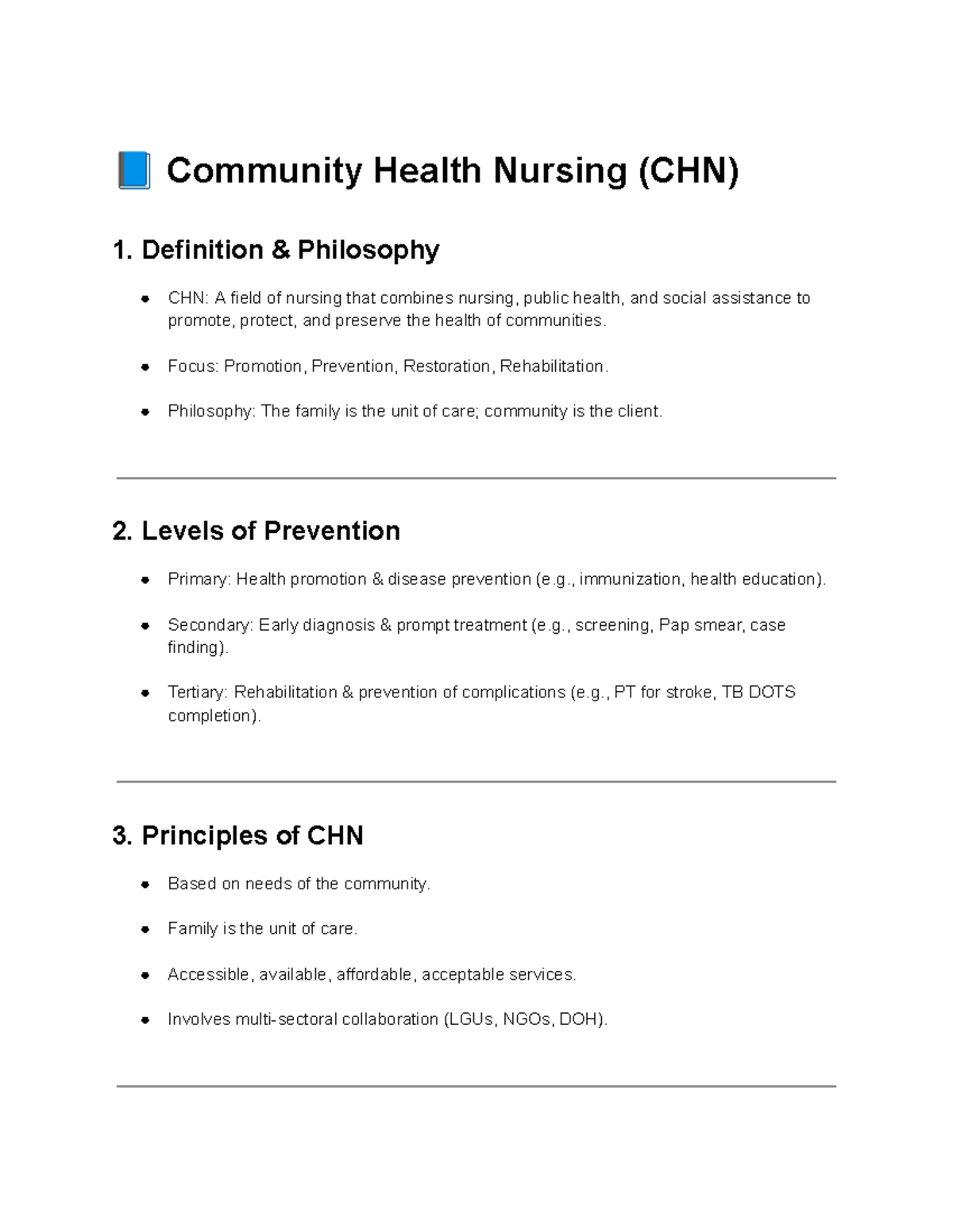 CHN 1: Community Health Nursing Notes on Philosophy & Prevention - Studocu
