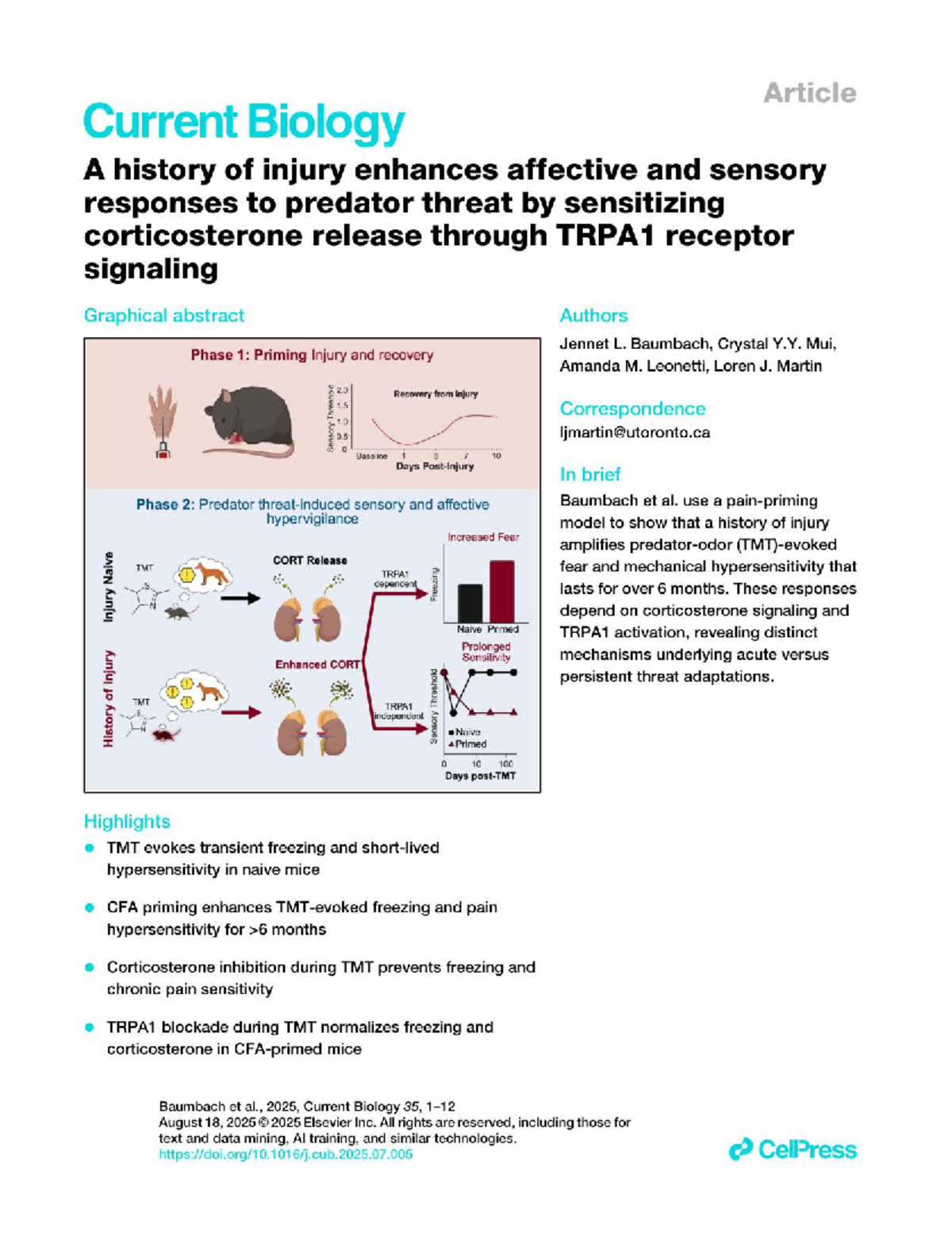 CFA Injury and Predator Threat: Affective Responses and CORT Signaling ...