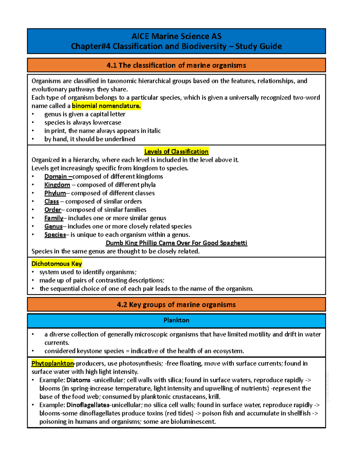 AICE Marine Science AS Unit 4: Study Guide on Classification ...