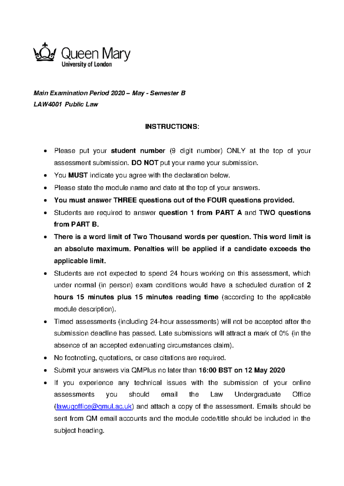 2020 May Semester B LAW4001 Public Law Exam Paper Instructions - Studocu