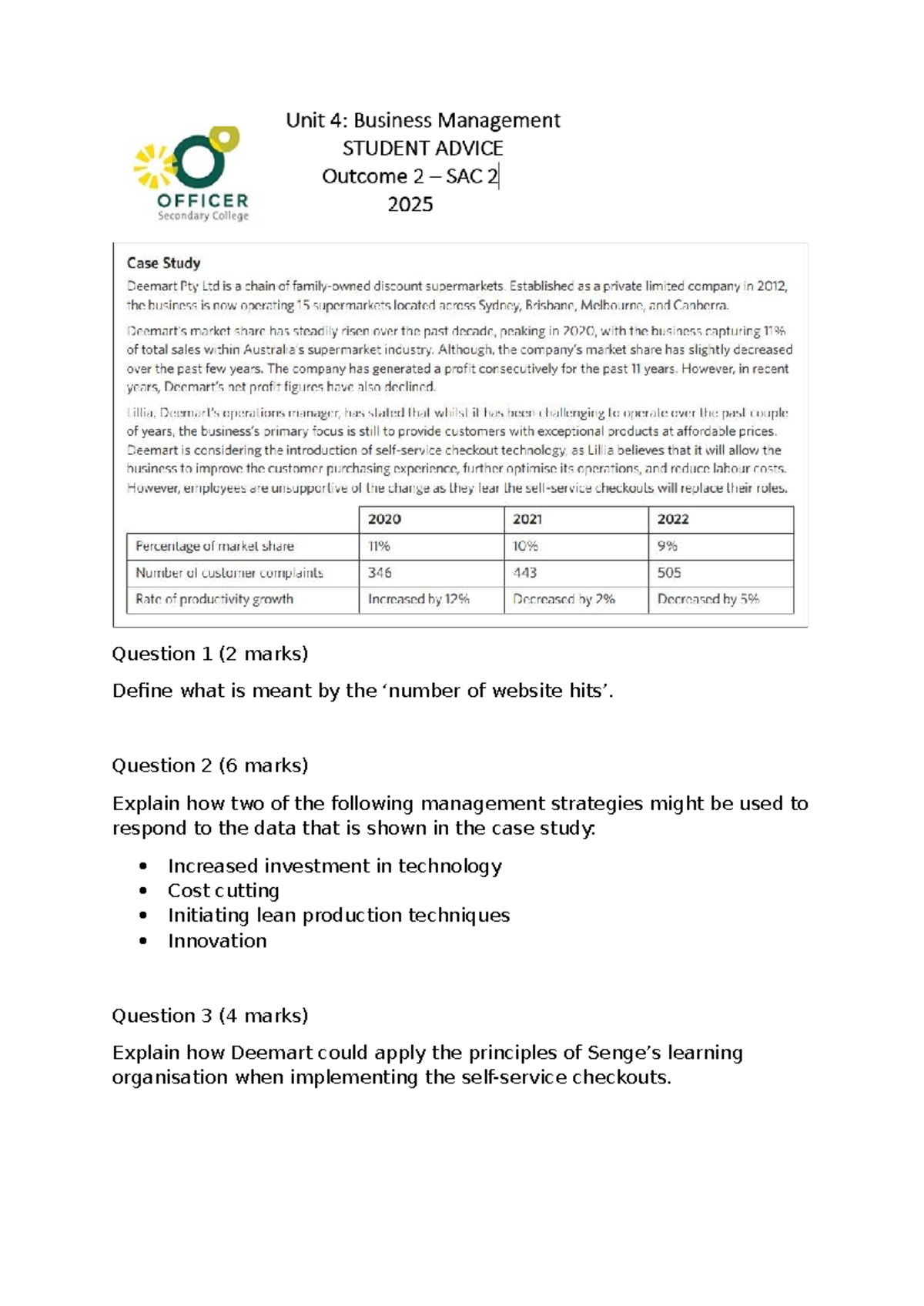 U4 AOS 2 SAC: Business Management Strategies & Change Management - Studocu
