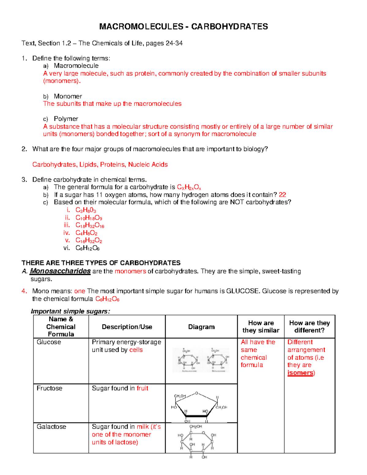 Answers - Carbohydrate worksheets and diagrams - MACROMOLECULES ...