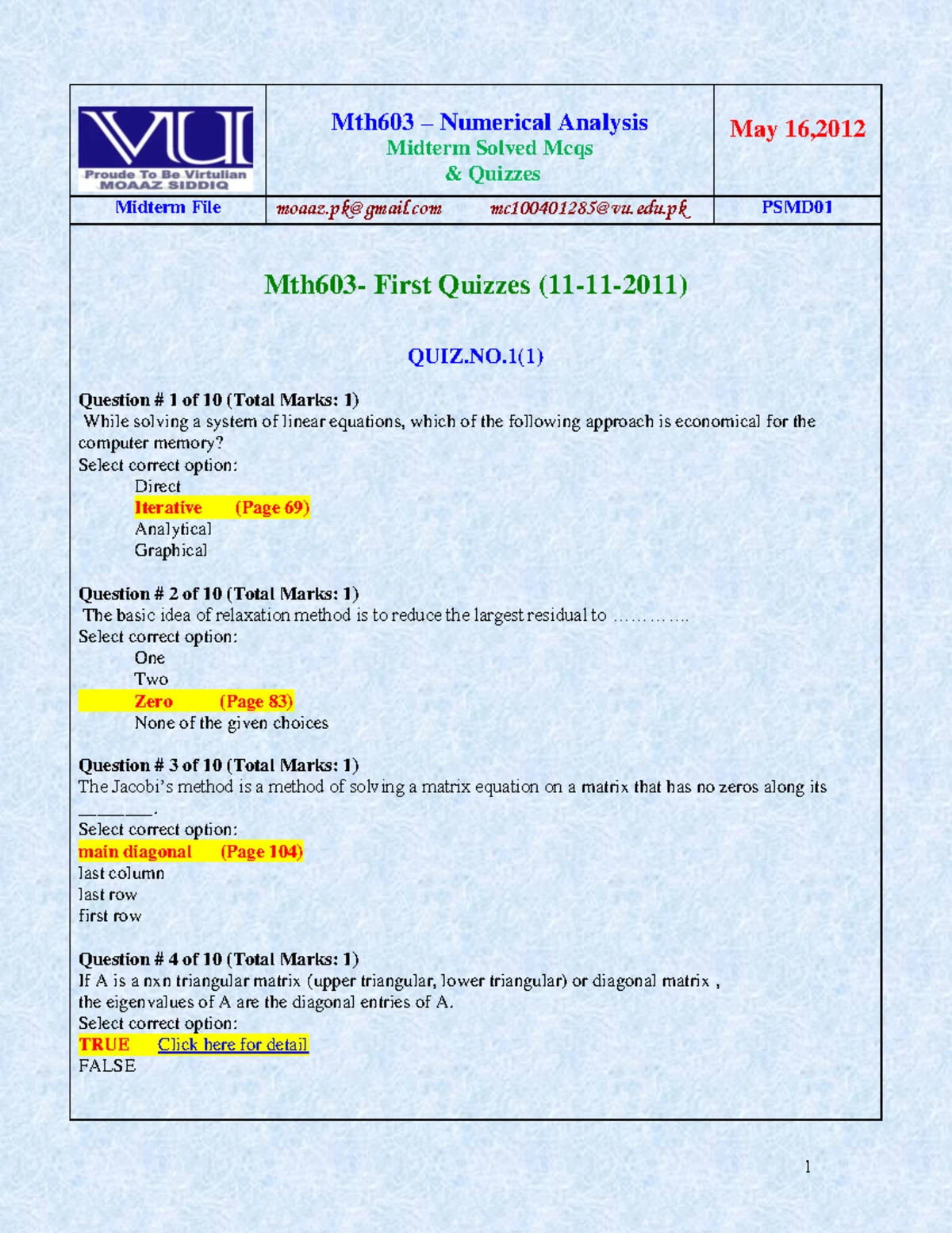 Mth603 Midterm Solved Mcqs By Junaid While Solving A System Of Liner
